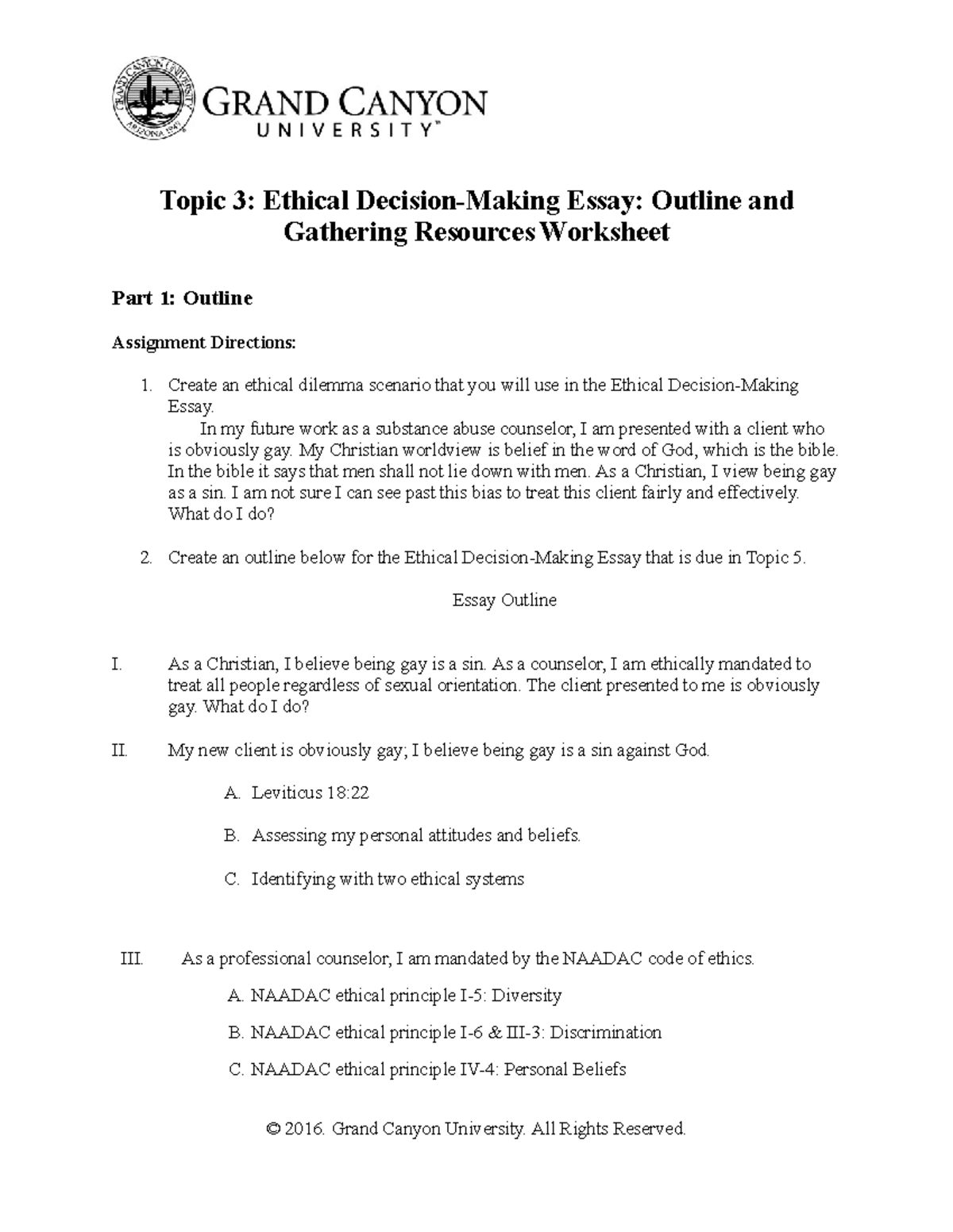 BHS-320 - An A paper - Topic 3: Ethical Decision-Making Essay: Outline and Gathering Resources ...