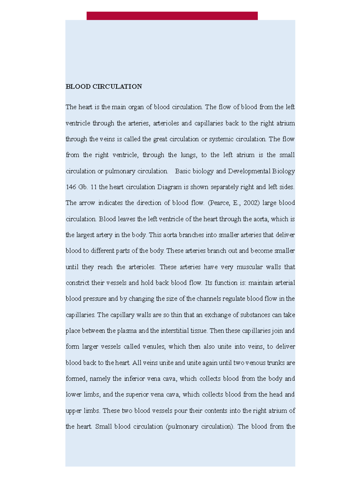 Notes Biology - Blood Circulation - BLOOD CIRCULATION The heart is the ...