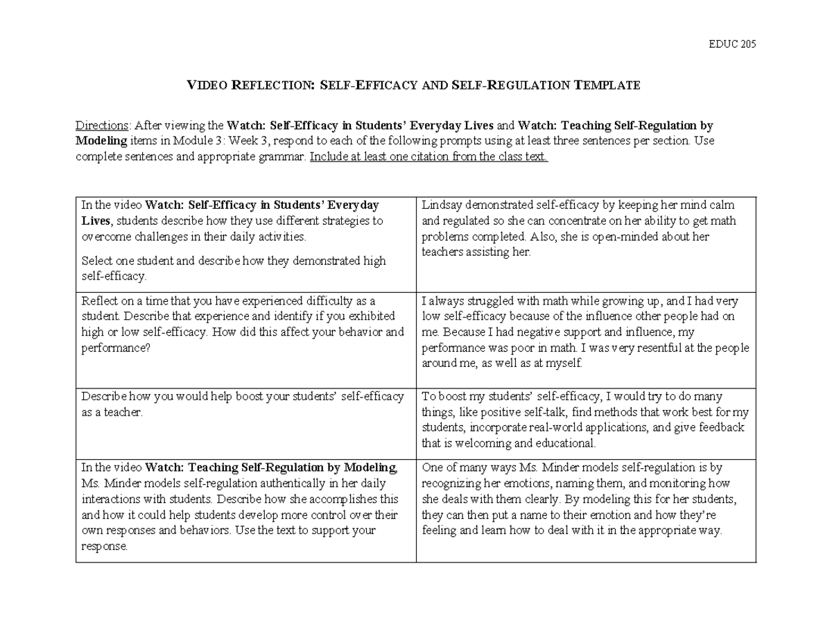 Video Reflection Self-Efficacy and Self-Regulation Template - EDUC 205 ...