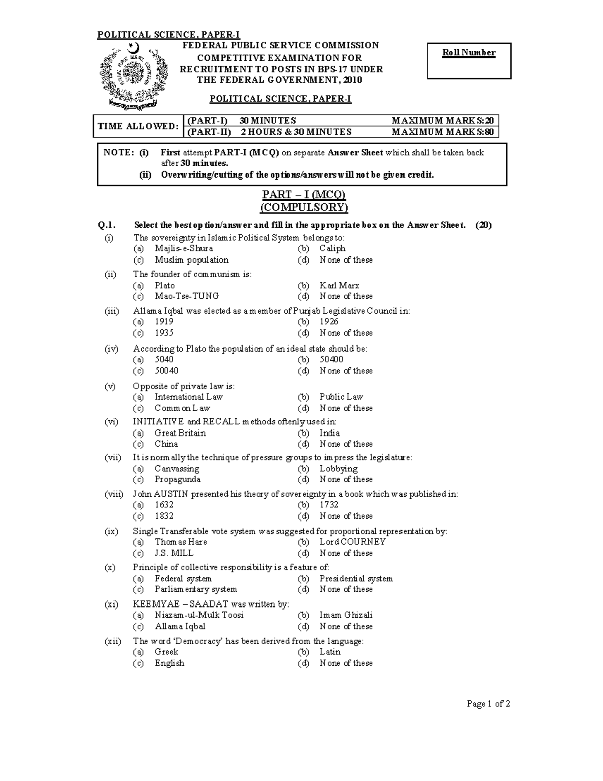 Political Science - 2010Political Science - CSs past papersPolitical ...