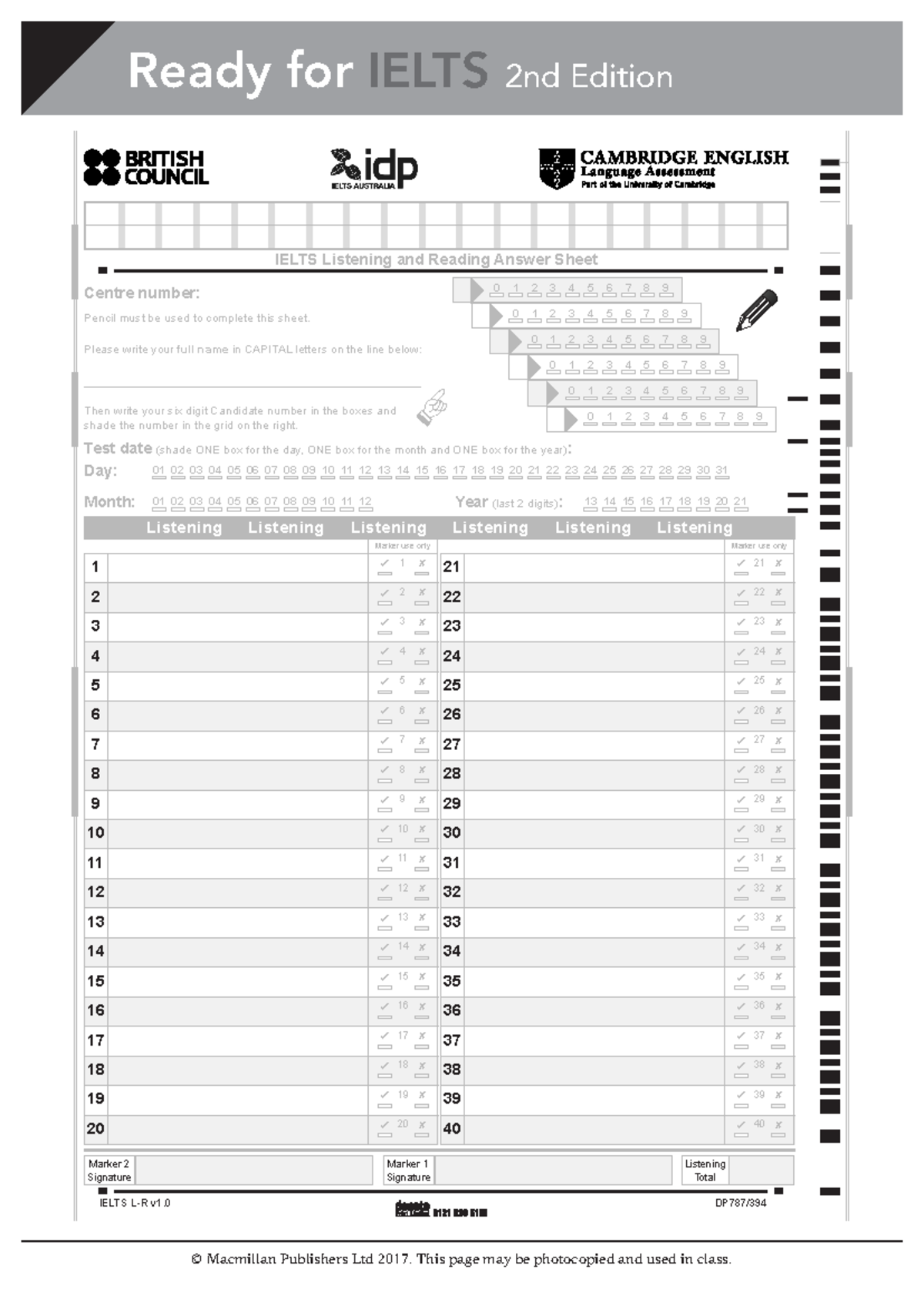 04 Sample answer sheets - Ready for IELTS 2nd Edition © Macmillan ...