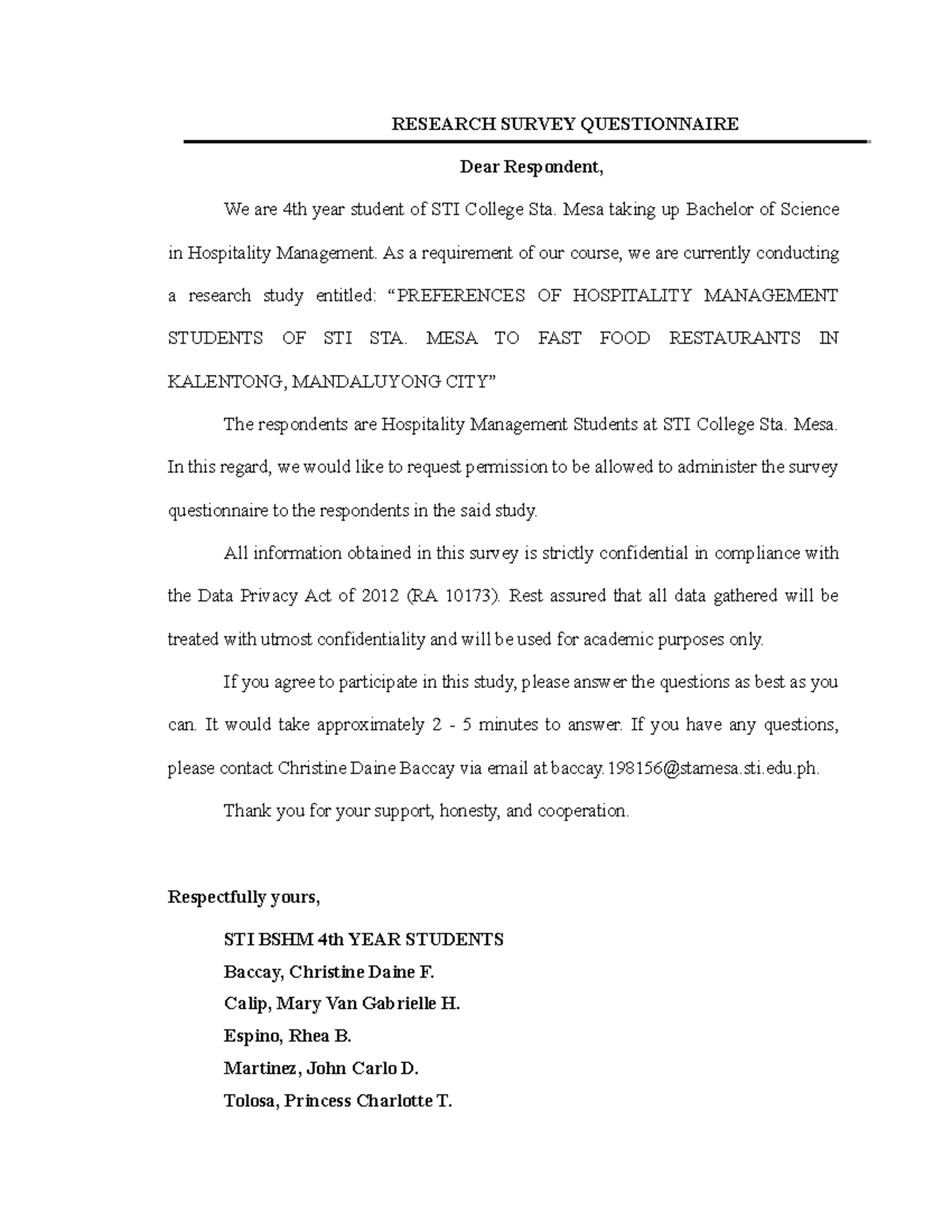 Survey-questionnaire-with-letter - RESEARCH SURVEY QUESTIONNAIRE Dear ...