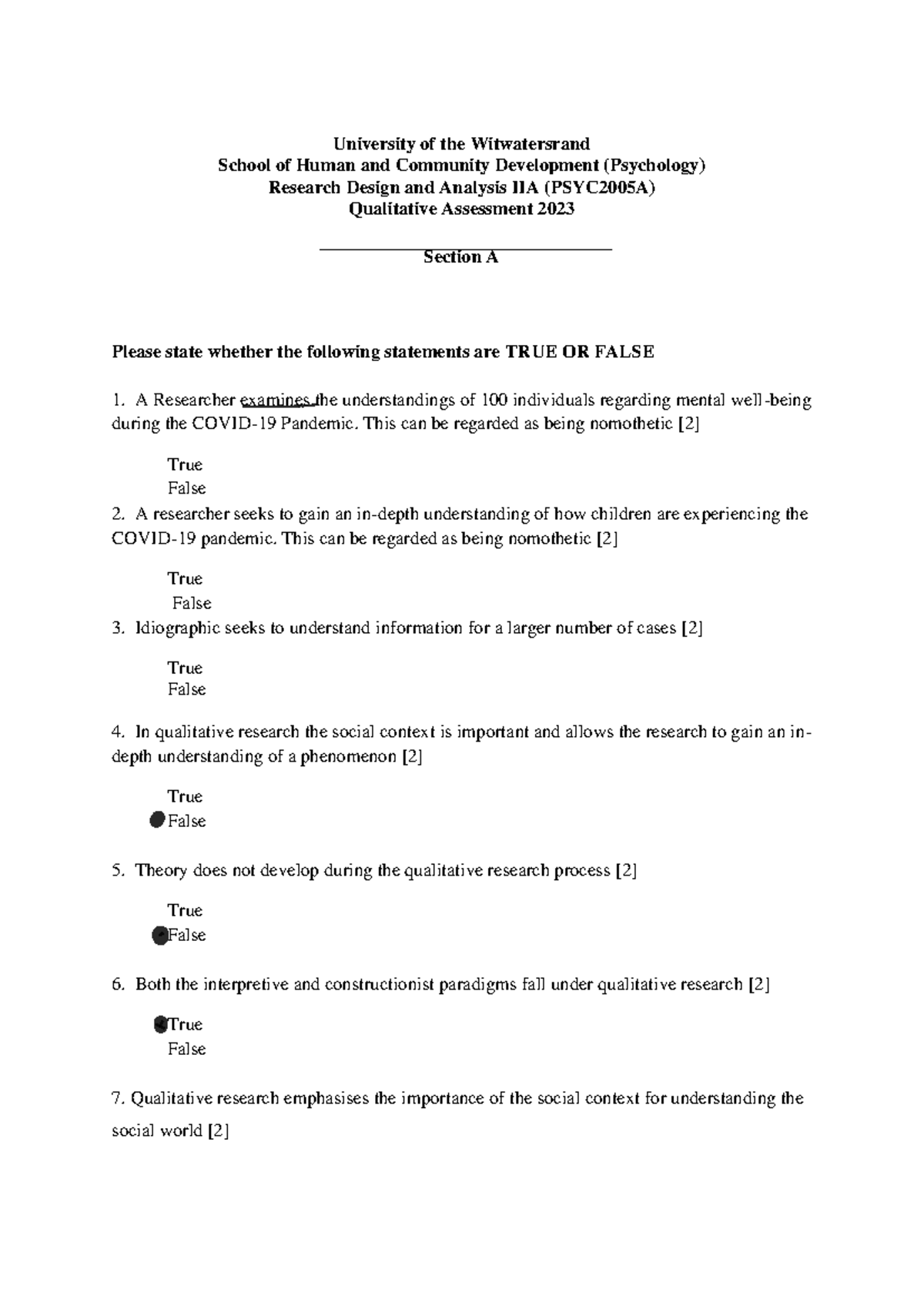Rdaiia Qualitative Question Paper - 2023 276202768 - University of the ...
