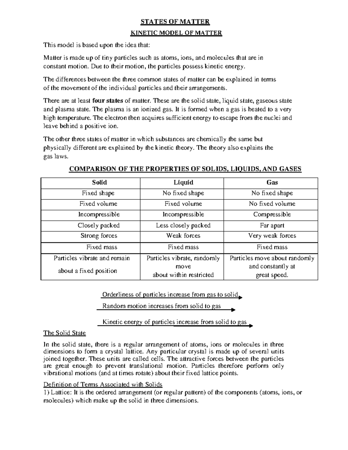 States OF Matter - Assignment - STATES OF MATTER KINETIC MODEL OF ...