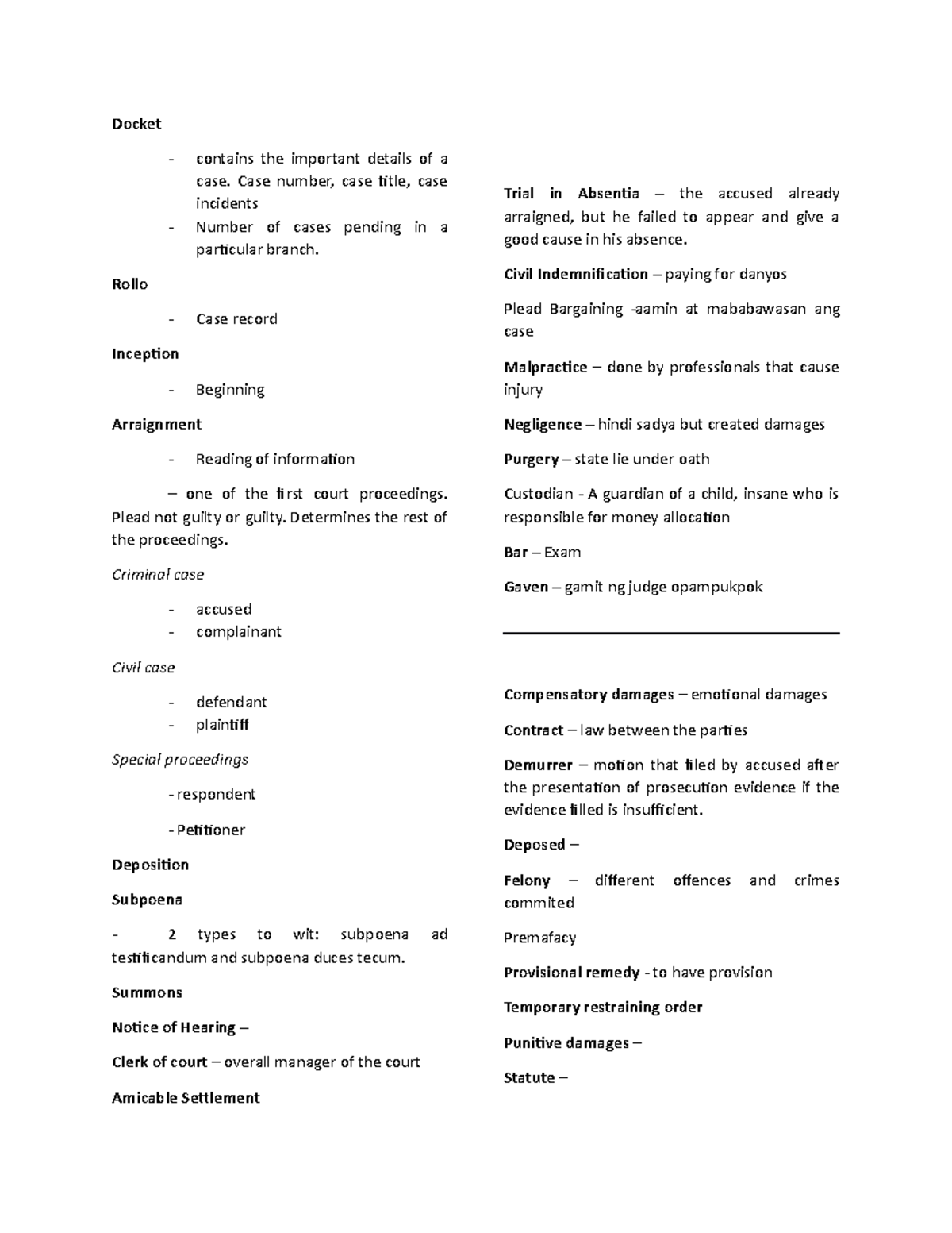 Legal Terminology discussion - Docket contains the important details of ...