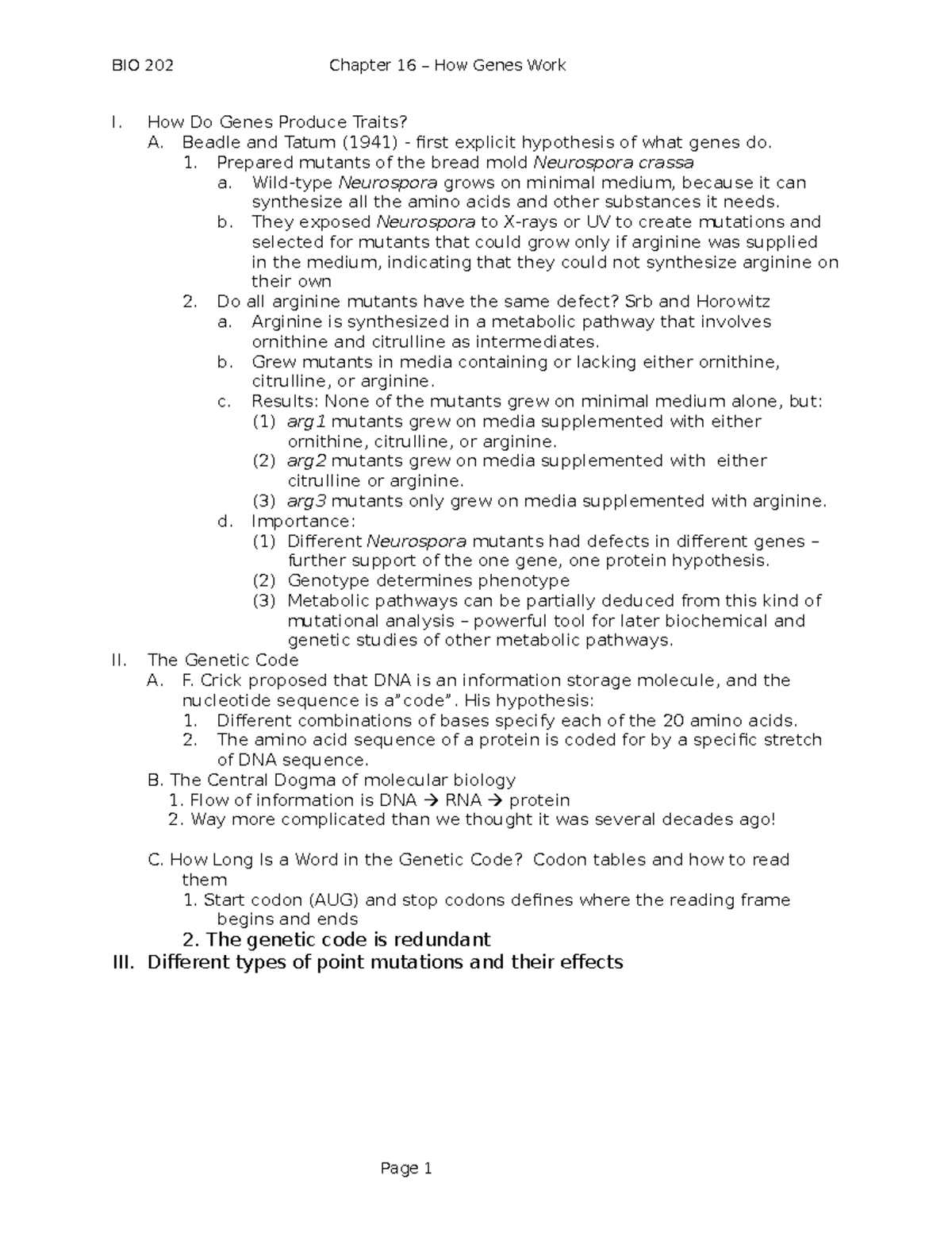 Ch. 16 Outline - BIO 202 Chapter 16 – How Genes Work I. How Do Genes ...