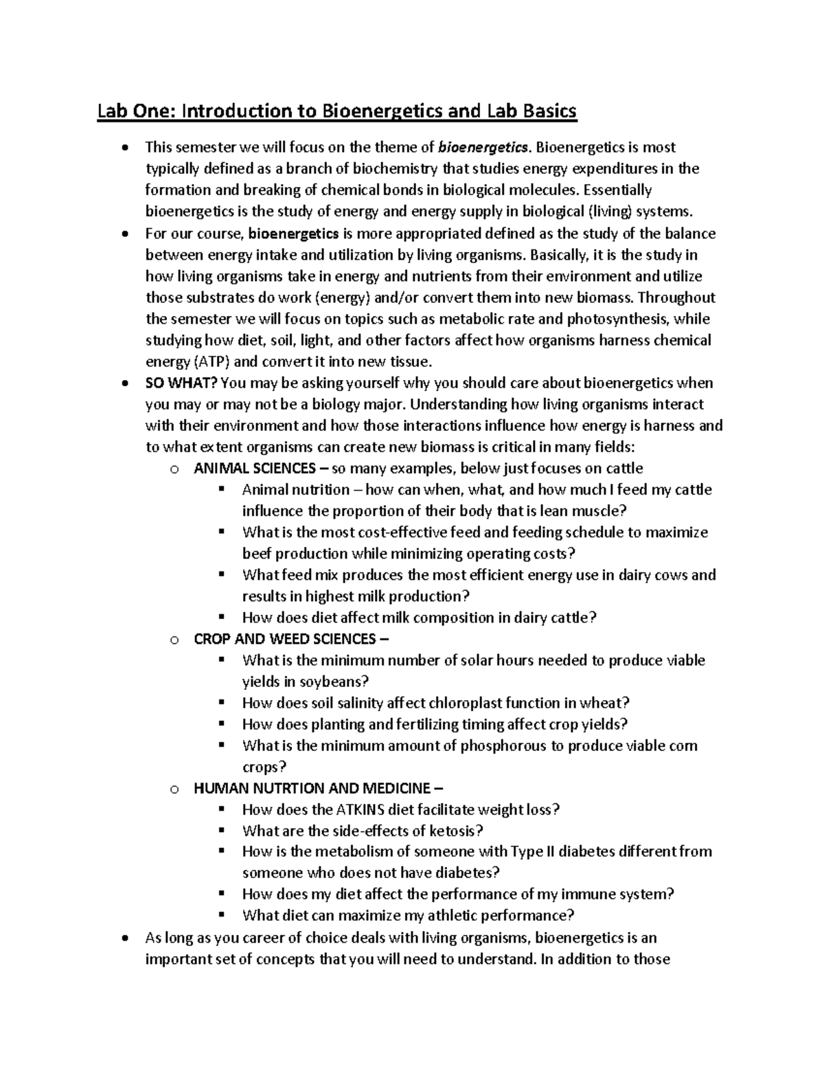 Lab One Handout - Lab One: Introduction to Bioenergetics and Lab Basics ...