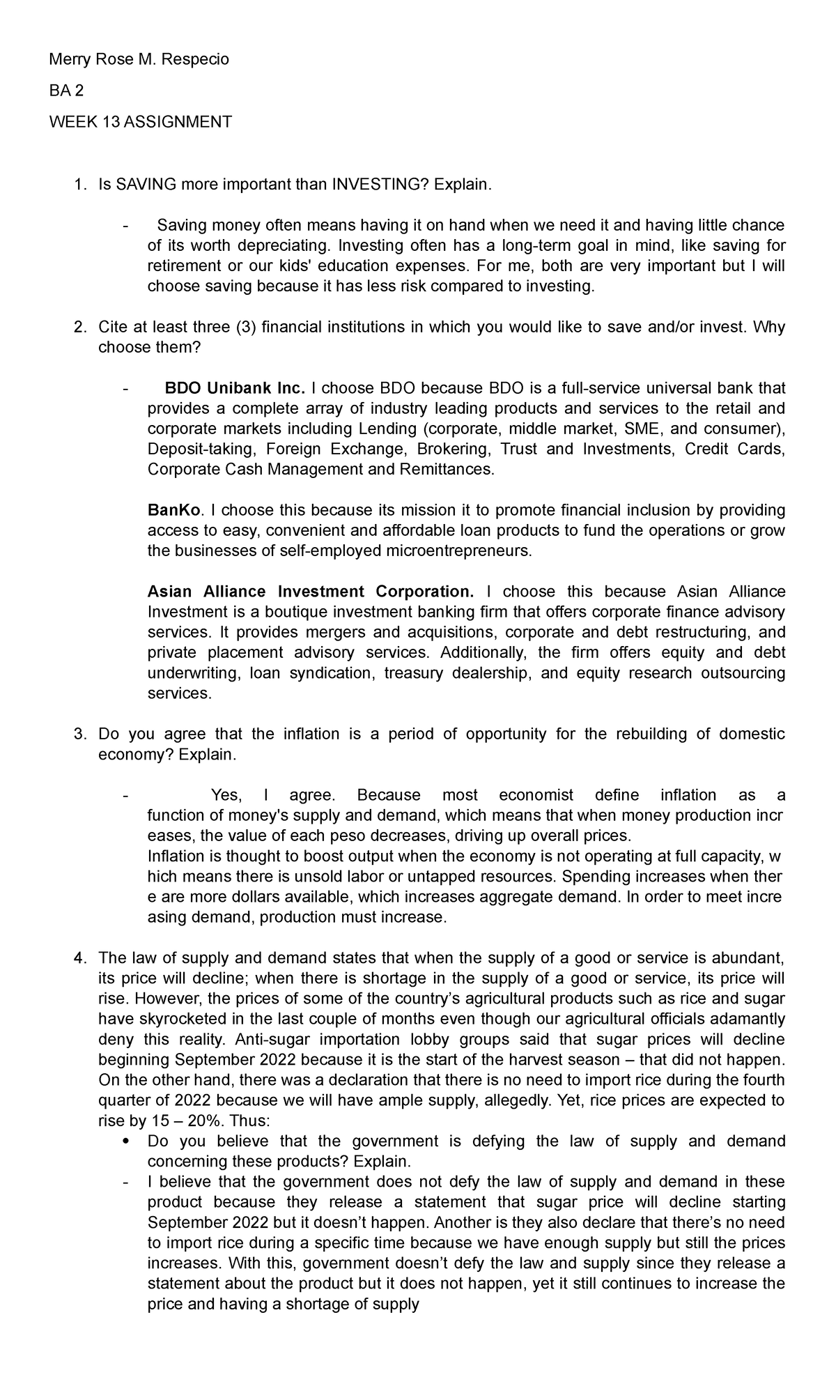 WEEK 13 Assignment Respecio - Merry Rose M. Respecio BA 2 WEEK 13 ...