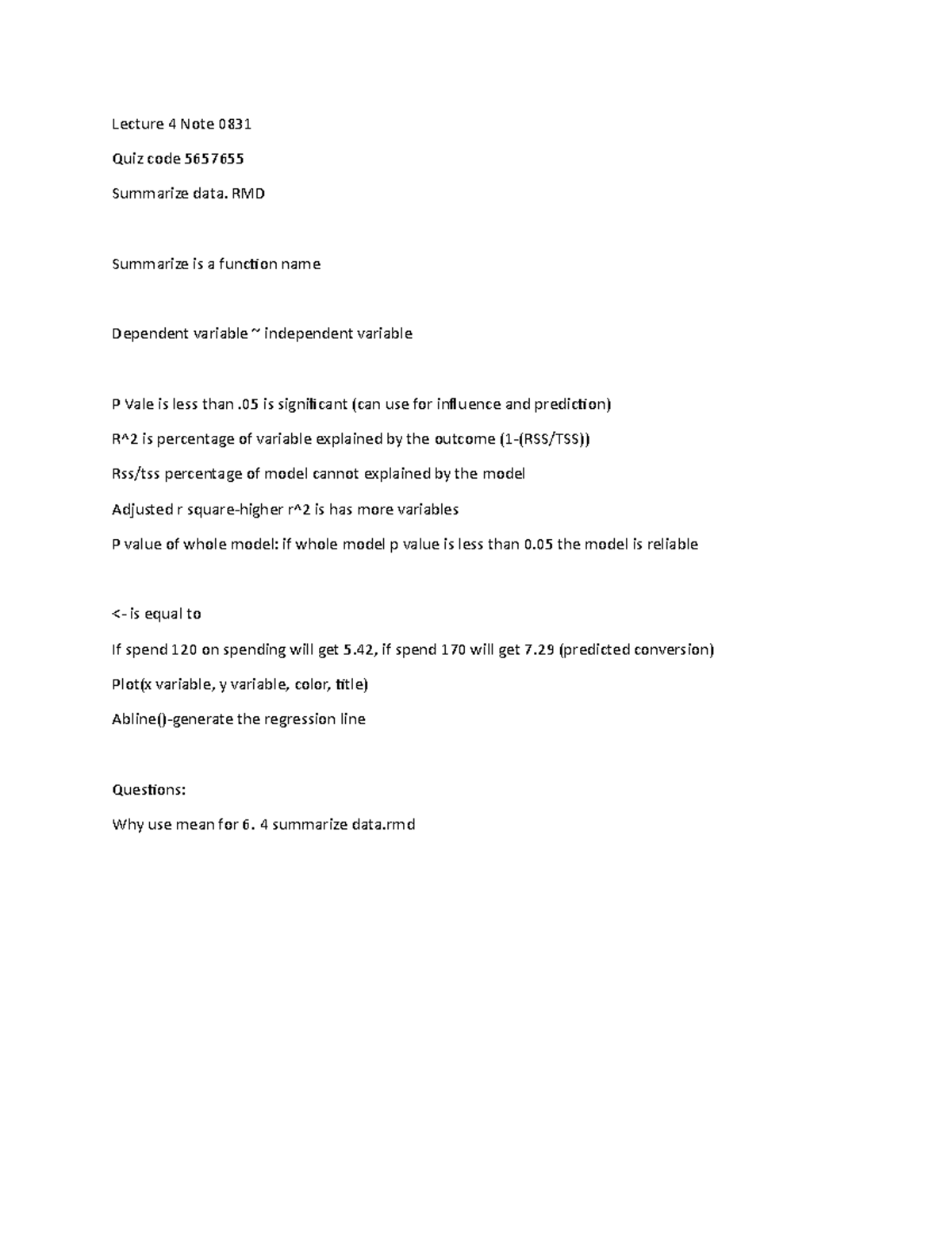 Lecture 4 Note 0831 - Lecture 4 Note 0831 Quiz code 5657655 Summarize ...