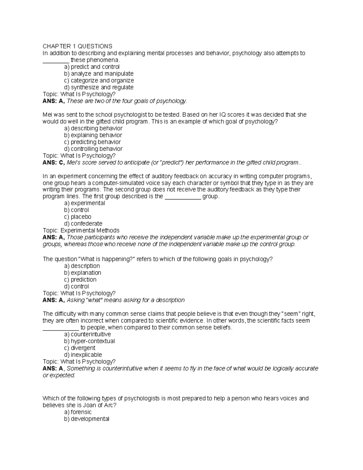 UNIT ONE Practice Tests - CHAPTER 1 QUESTIONS In addition to describing ...