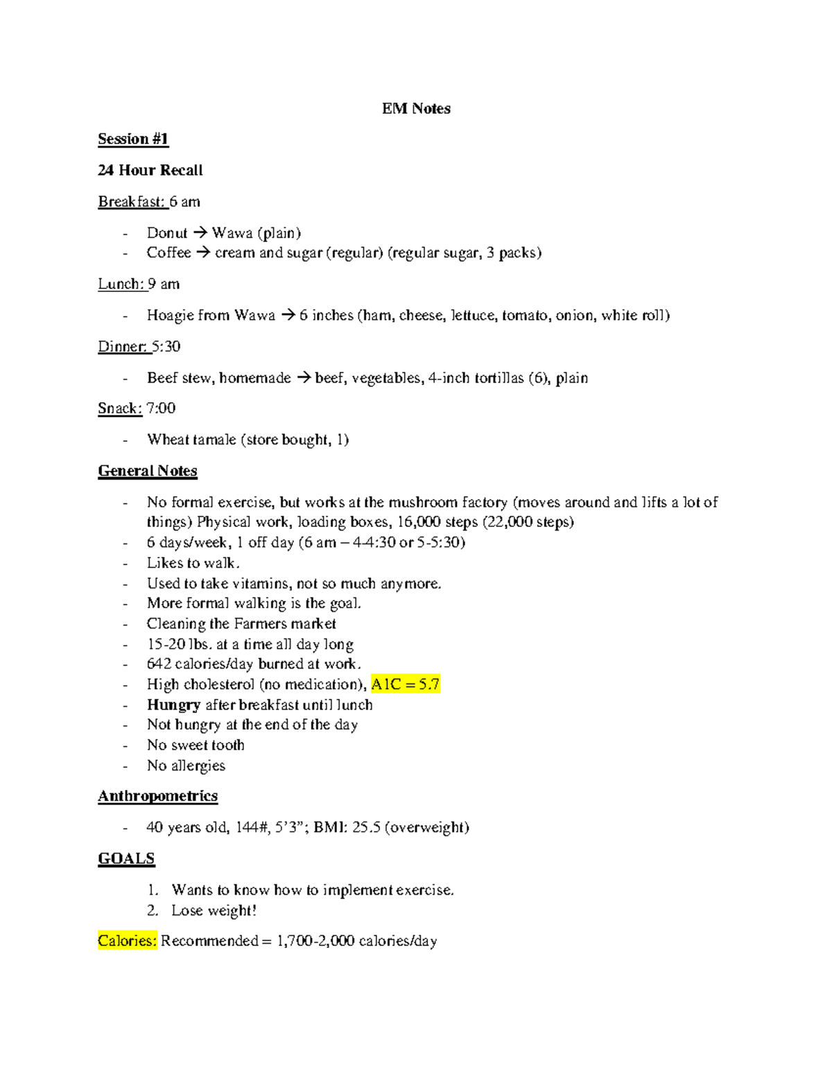 Client Example Notes - EM Notes Session # 24 Hour Recall Breakfast: 6 ...