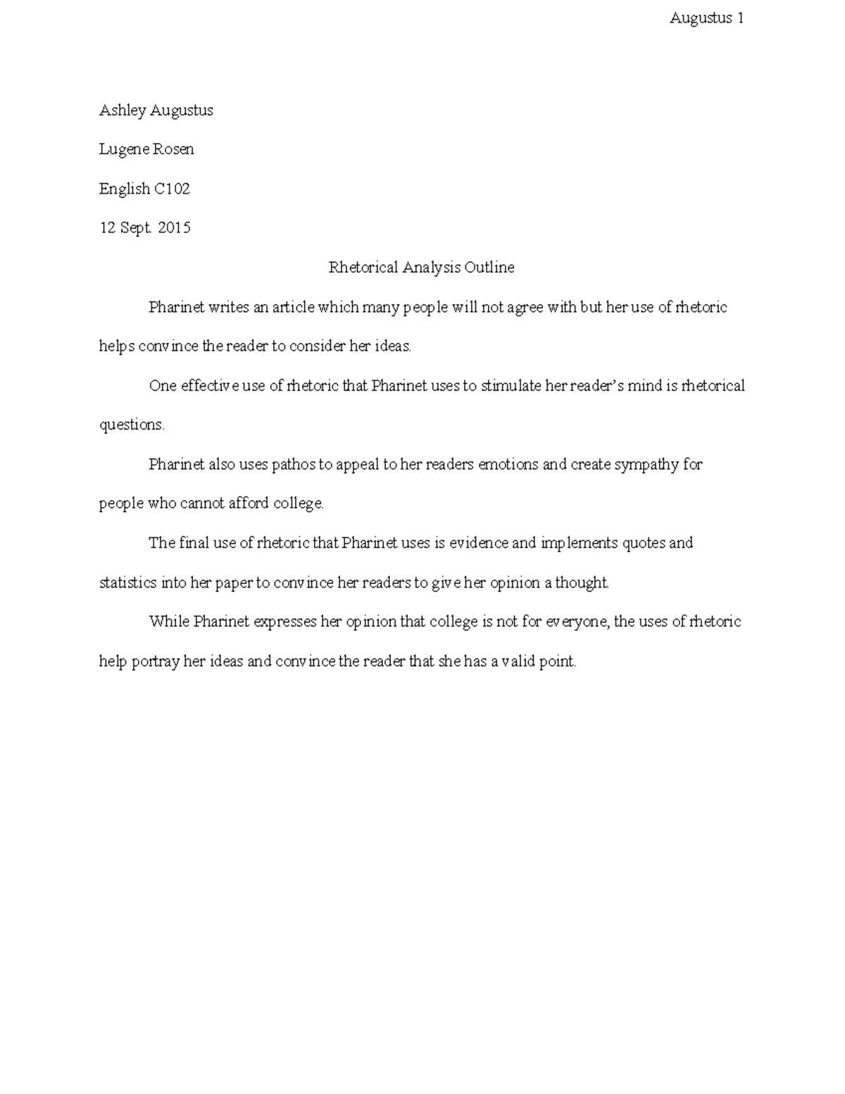 Rhetorical Analysis Outline - Augustus 1 Ashley Augustus Lugene Rosen ...