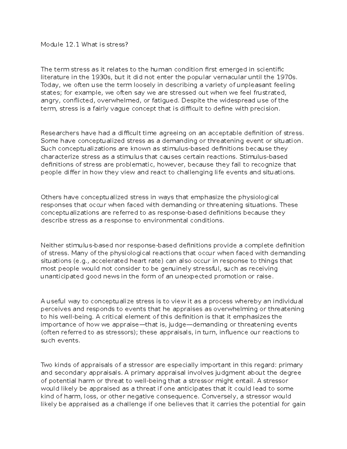 Lesson 12 psy 101 - What is stress? - Module 12 What is stress? The ...