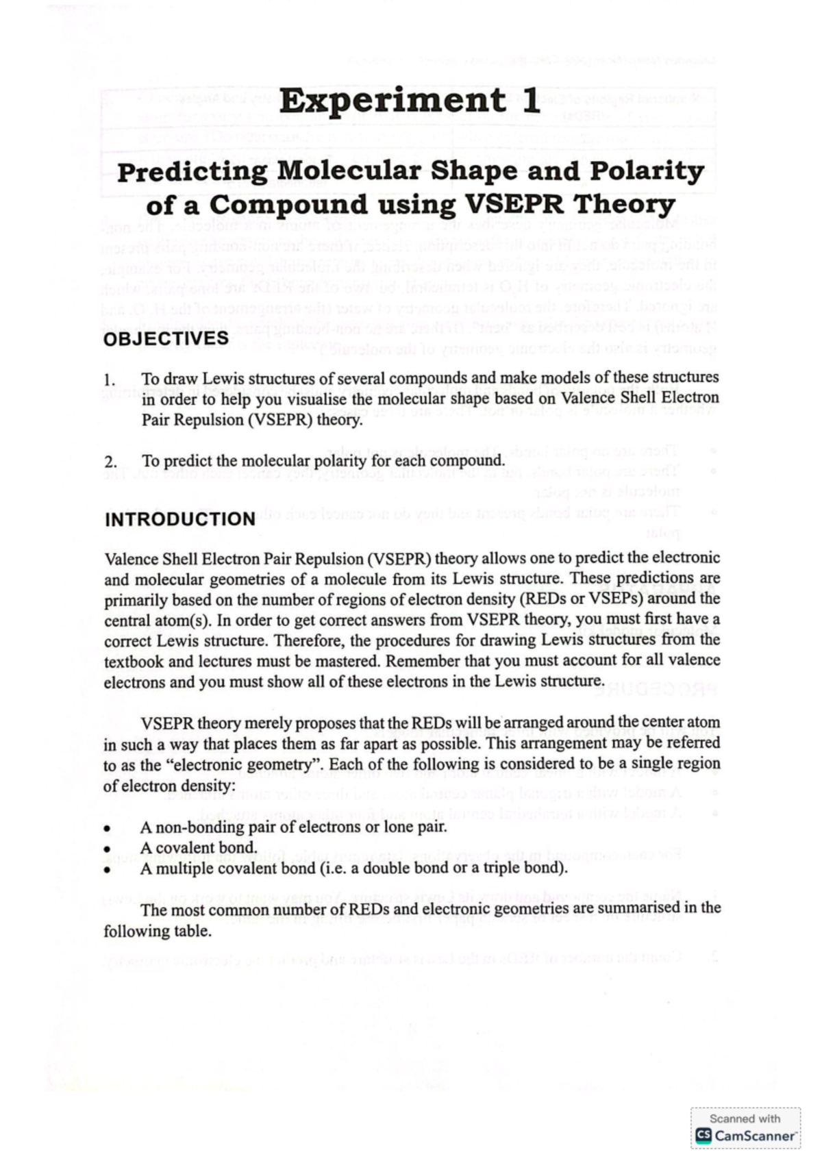 CHM361-Experiment 1 & 2 - Experiment 1 Predicting Molecular Shape and Polarity of a Compound ...