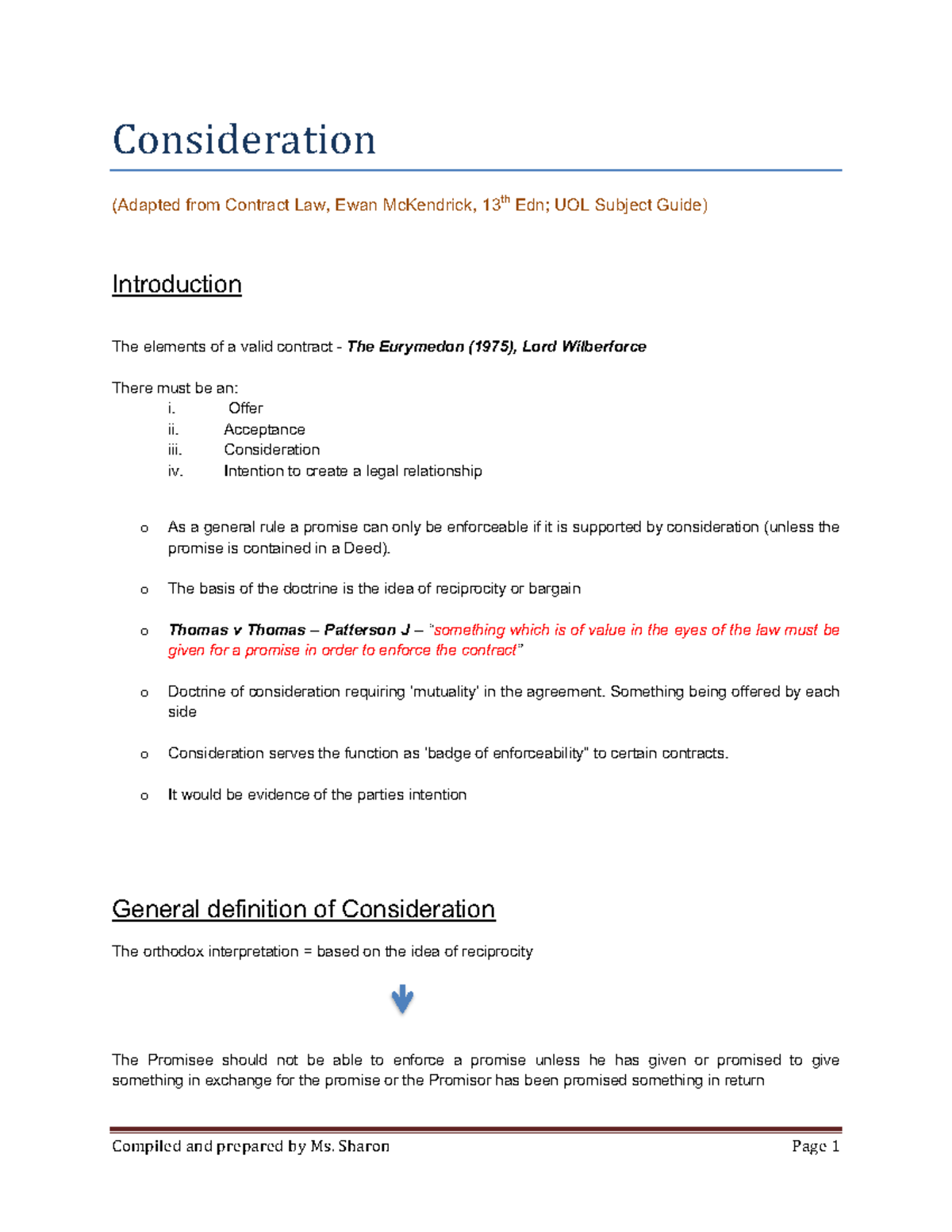 Contract Law - Consideration SC - Consideration (Adapted from Contract ...