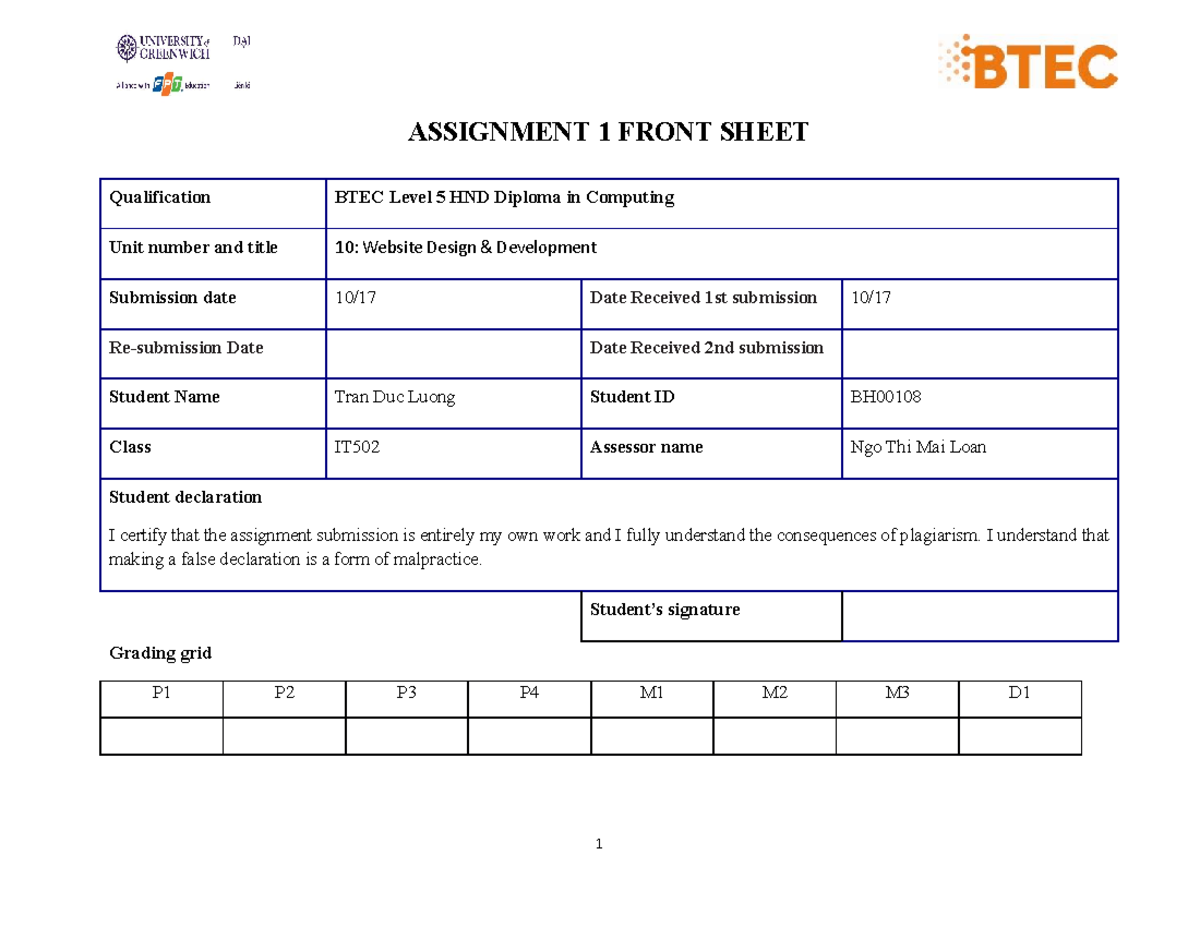ASM1 WDD TRAN DUC Luong - ass - ASSIGNMENT 1 FRONT SHEET Qualification ...