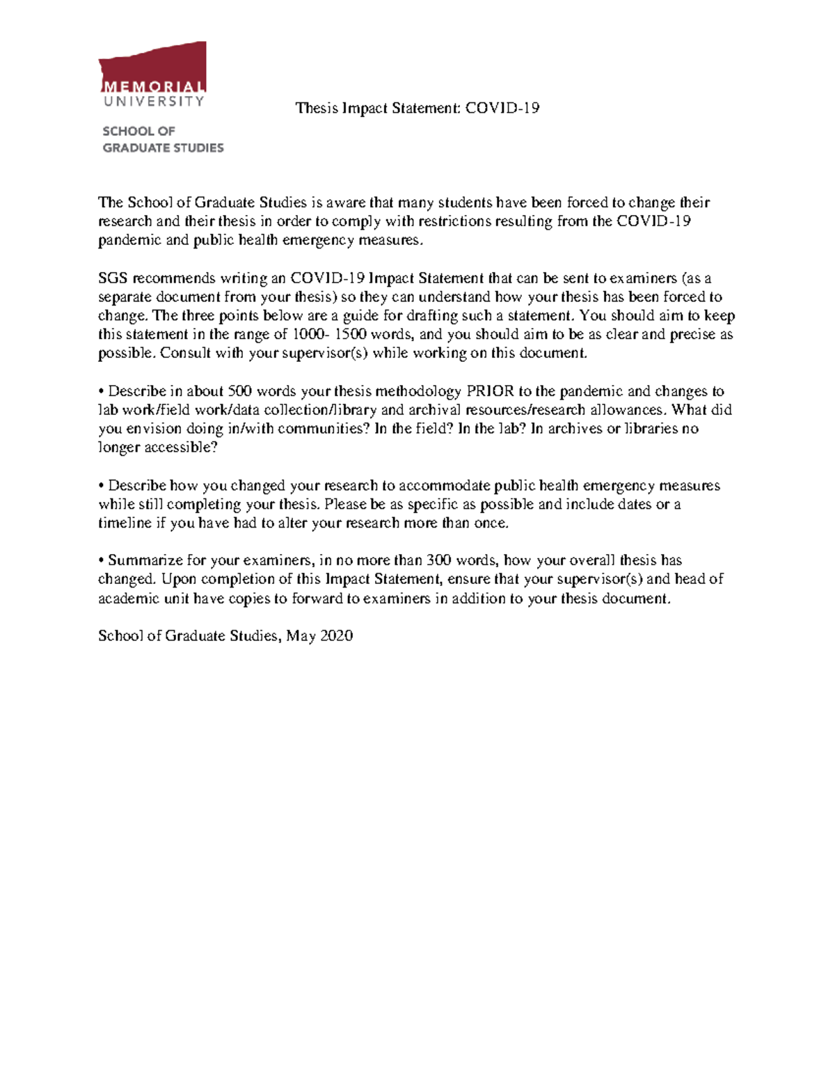 Thesis Impact Statement - SGS recommends writing an COVID-19 Impact ...