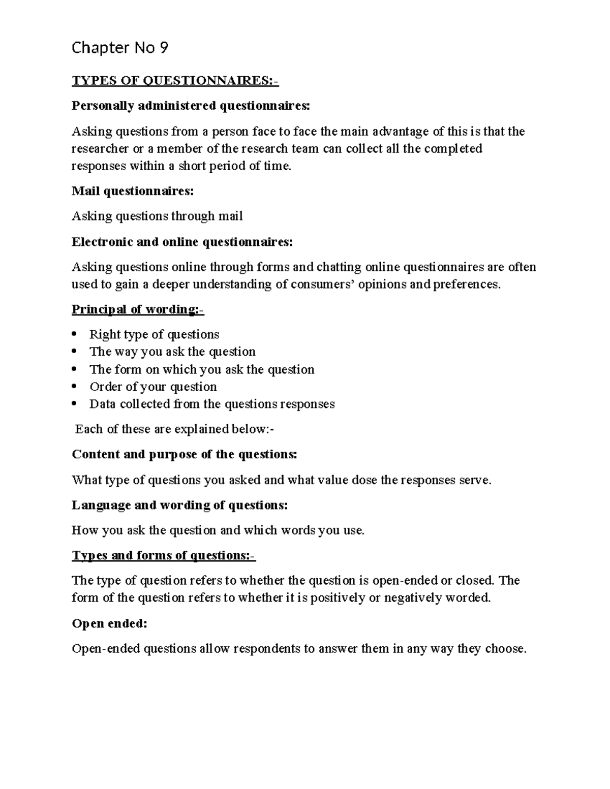 Types OF Questionnaires ch 9 - Chapter No 9 TYPES OF QUESTIONNAIRES ...