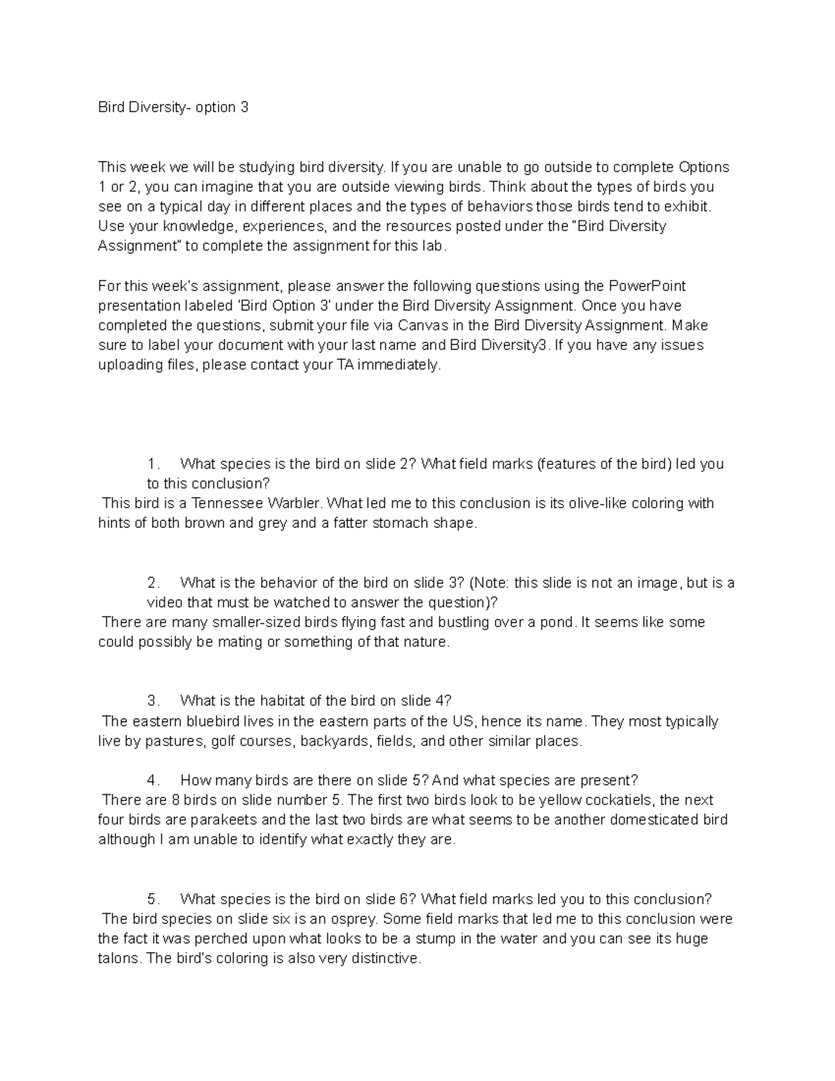 Bird Watching Lab - Bird Diversity- option 3 This week we will be ...