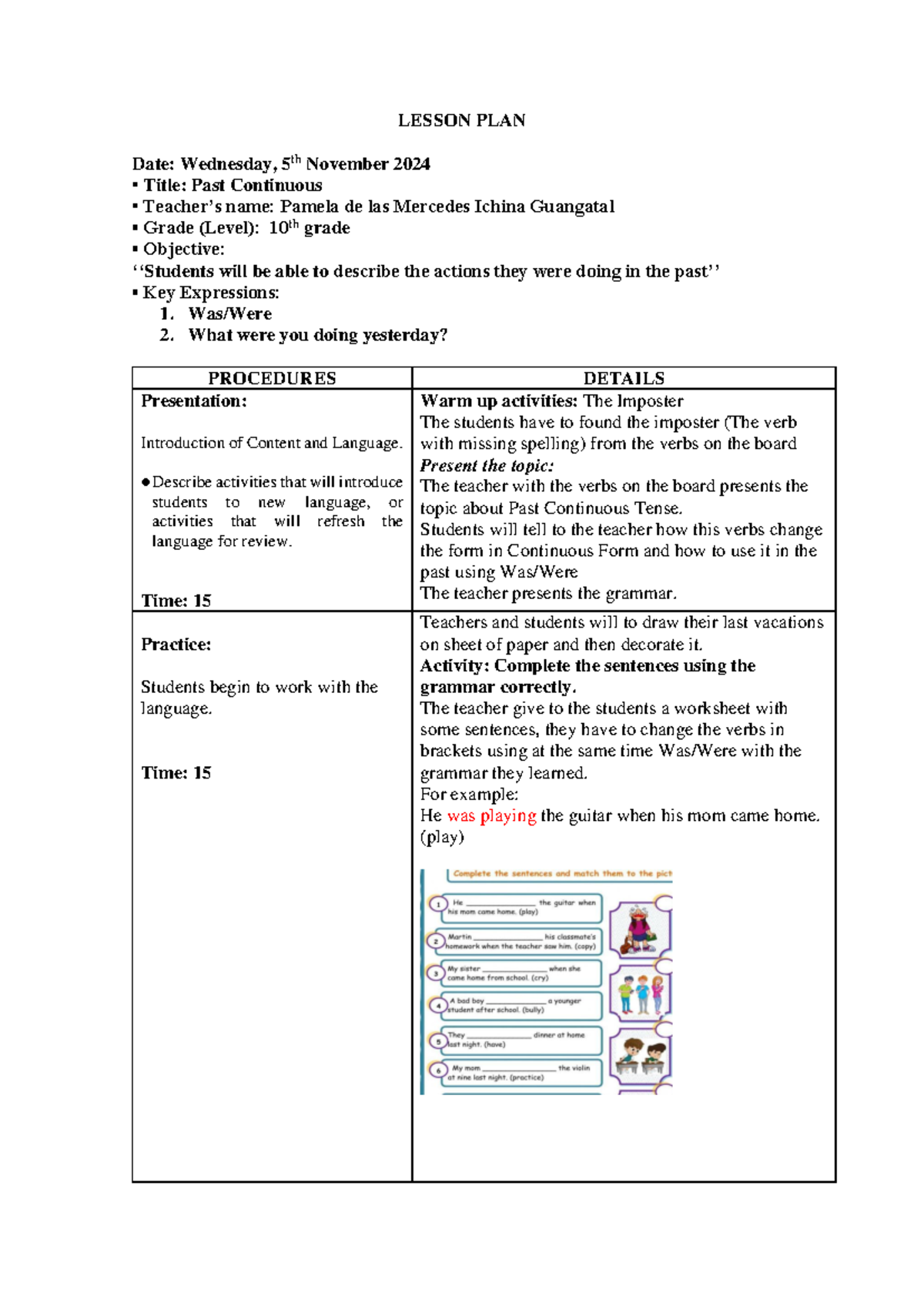 PPP Planning - ..hh - LESSON PLAN Date: Wednesday, 5th November 2024 ...