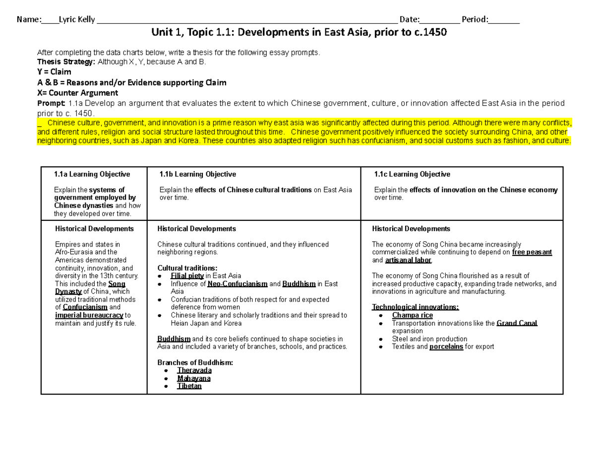 Copy Number 2 of Unit 1 East Asia Graphic Organizer - Name:Lyric Kelly ...