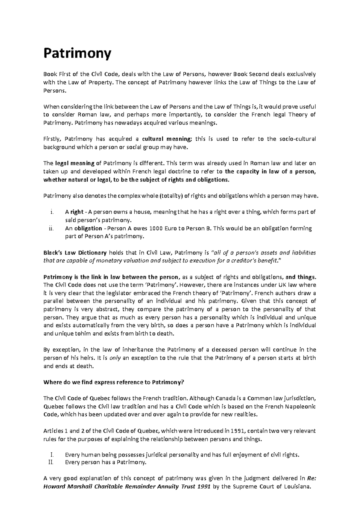 Patrimony - LLB 1st Year notes - Patrimony Book First of the Civil Code ...