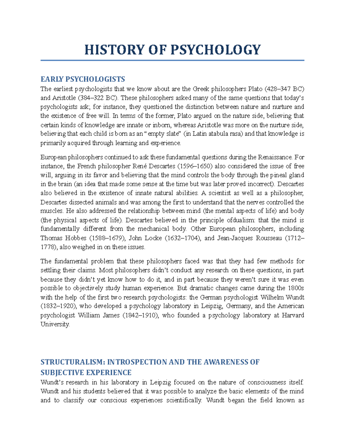 History OF Psychology - HISTORY OF PSYCHOLOGY EARLY PSYCHOLOGISTS The ...