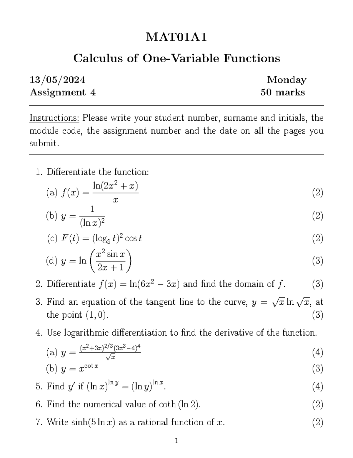 MAT01A1 Assignment 4 2024 - MAT01A Calculus of One-Variable Functions 13/05/2024 Monday ...