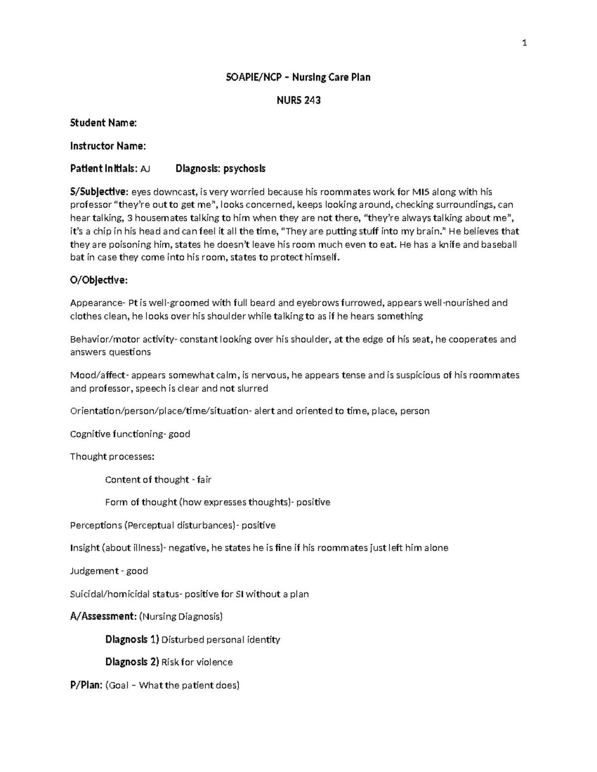 Soapie Andie Johnson - 1 SOAPIE/NCP – Nursing Care Plan NURS 243 ...