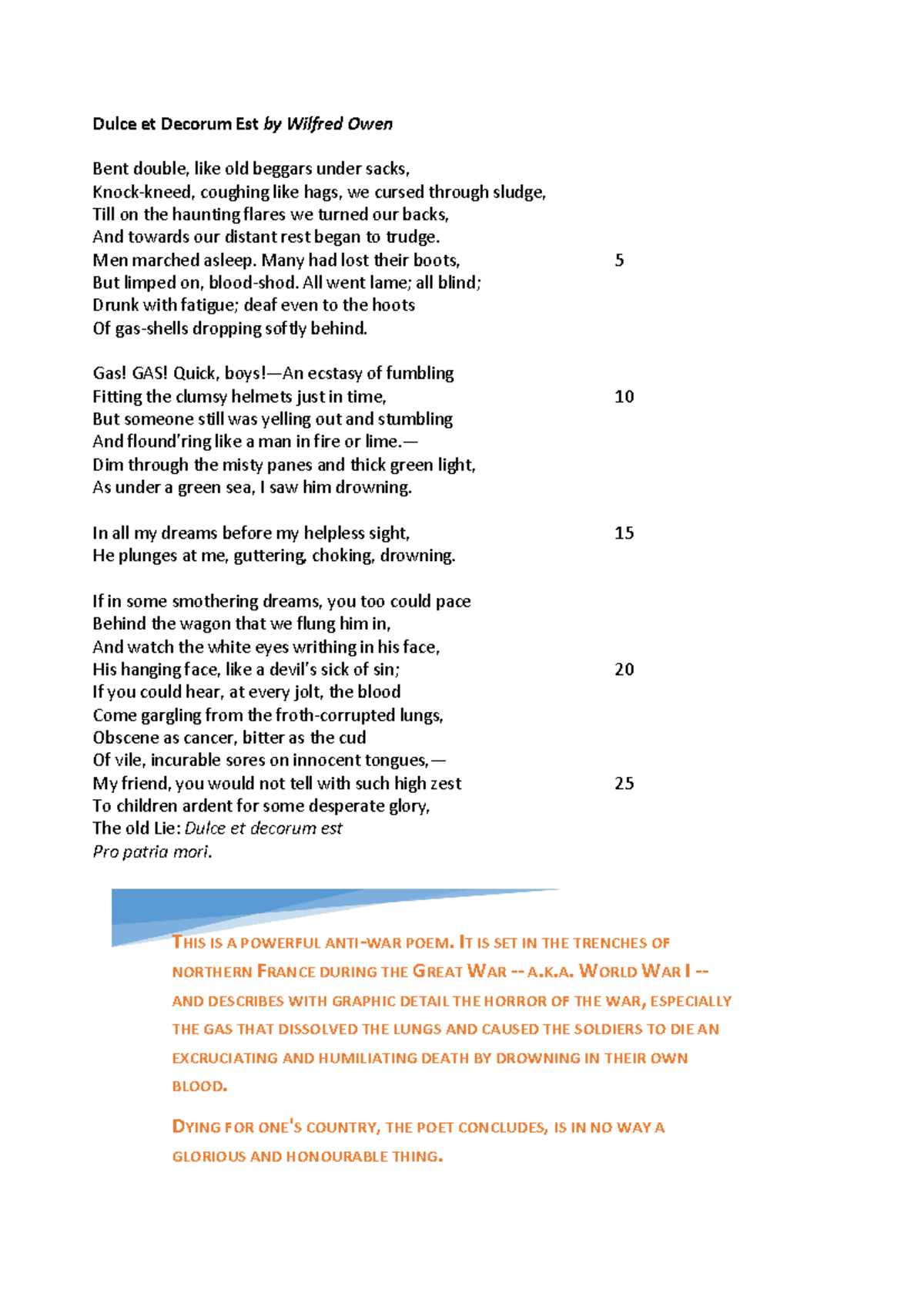 Dulce et Decorum est memorandum - Dulce et Decorum Est by Wilfred Owen ...