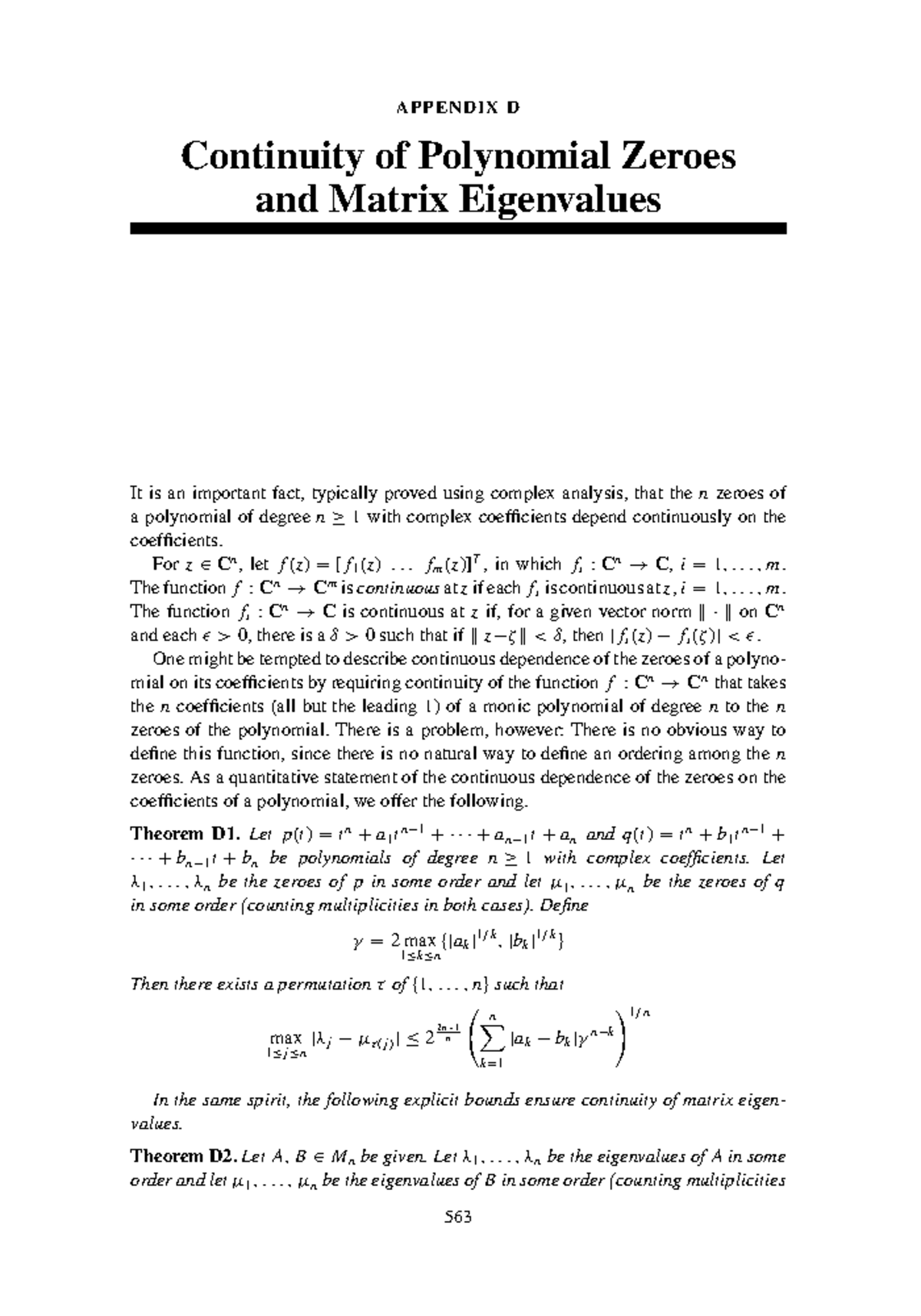 Matrix Analysis 14 - 學習資源 - APPENDIX D Continuity of Polynomial Zeroes and Matrix Eigenvalues It ...