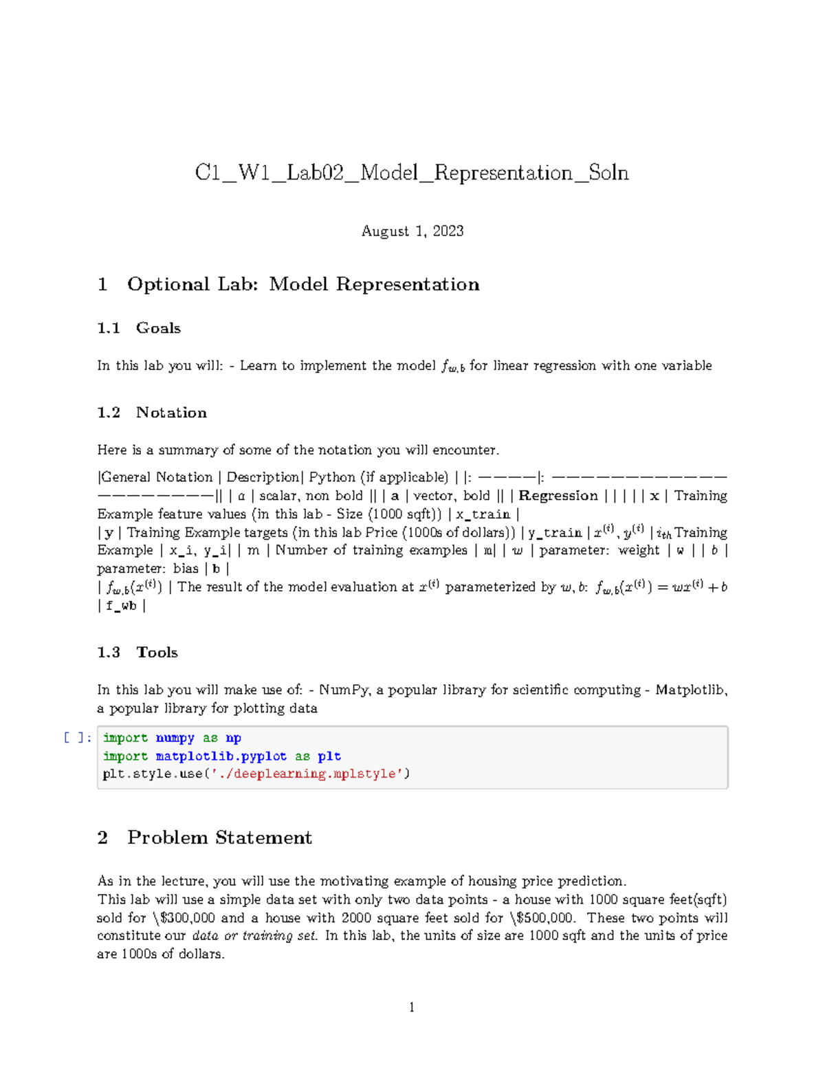 C1 W1 Lab02 Model Representation Soln C1w1lab02modelrepresentationsoln August 1 2023 1 