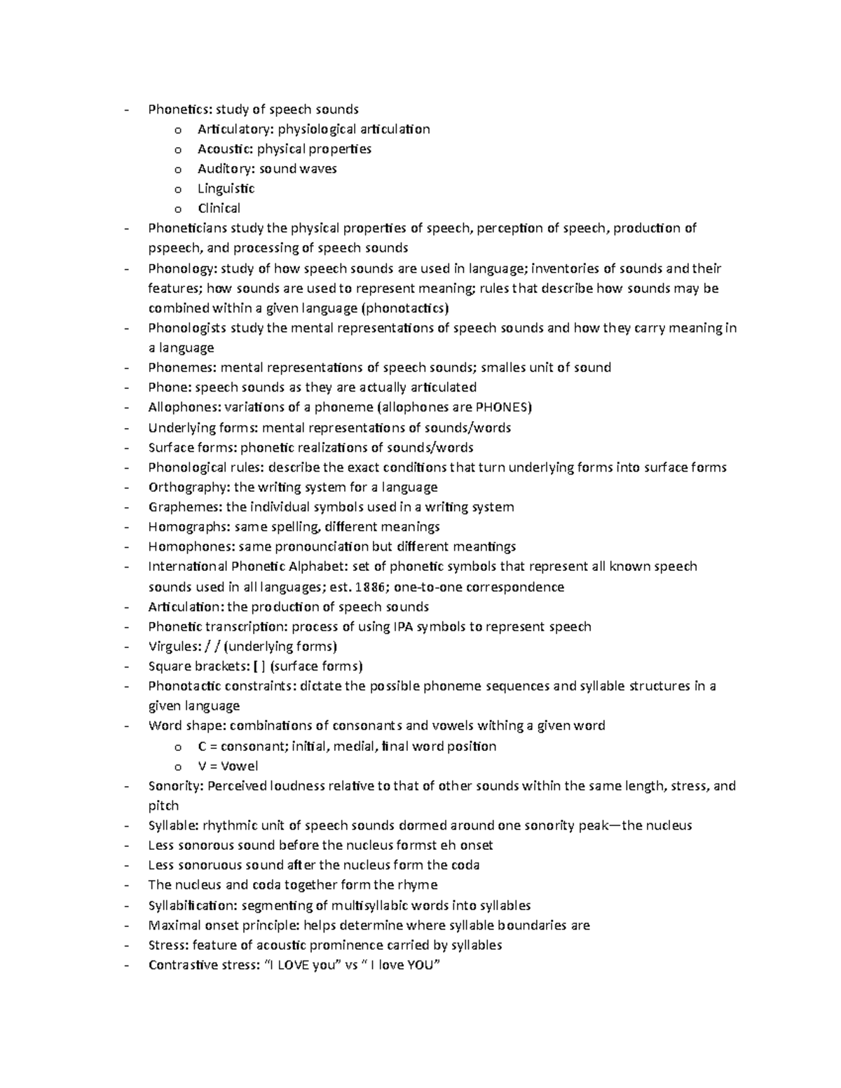 Phonetics notes - Review of nearly everything learned over the semester ...