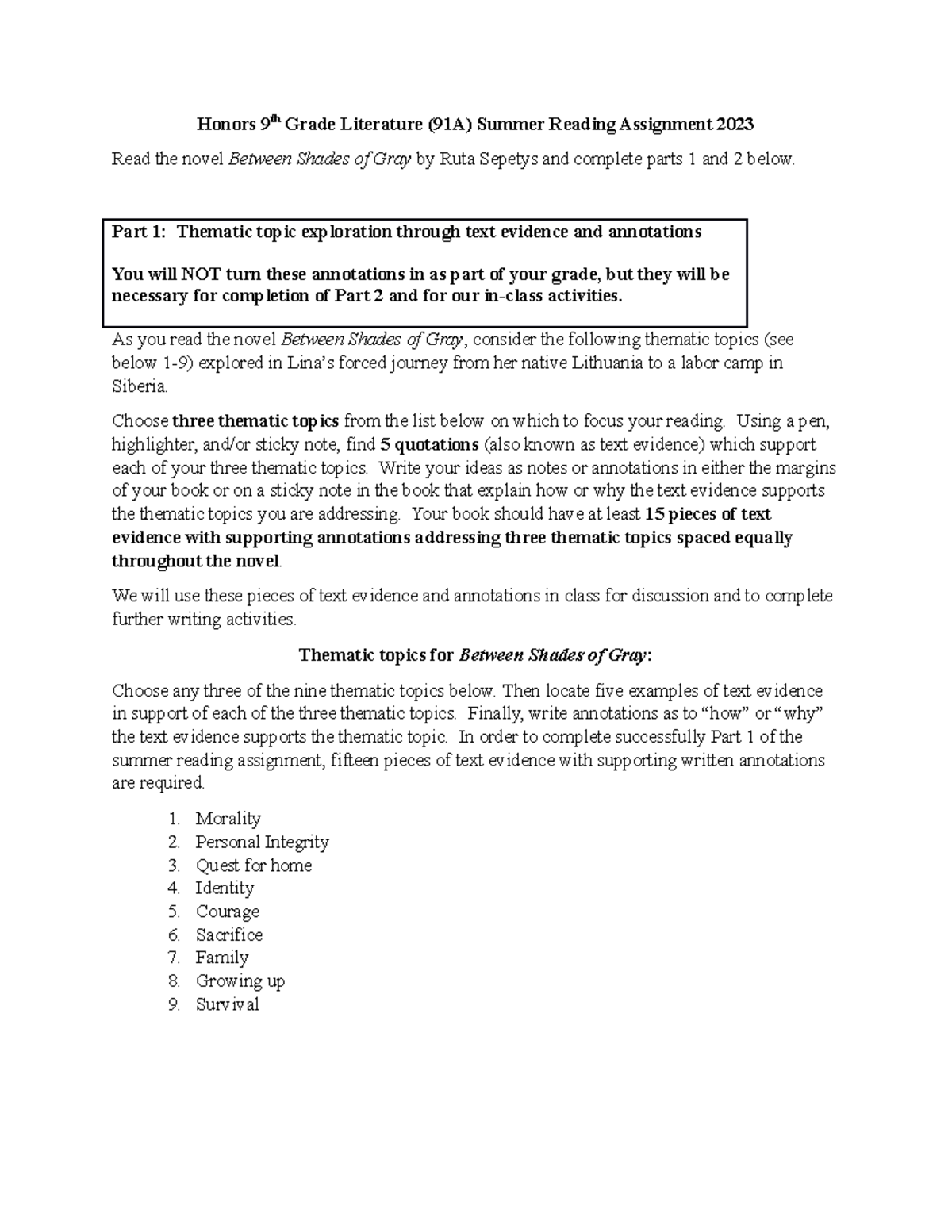 91 Honors 9th Grade Literature 2023 Summer Reading Assignment - Honors ...