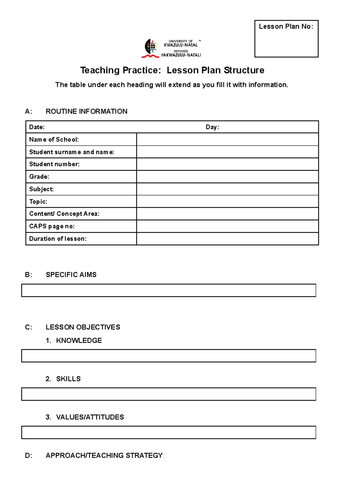 Lesson PLAN Template FOR Creating Lesson Plans - Teaching Practice ...