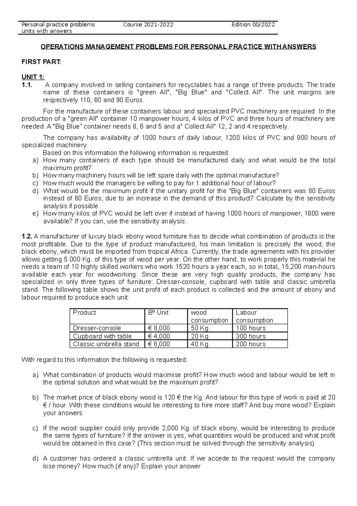 Operations Management Problems FOR Personal Practice WITH Answers ...