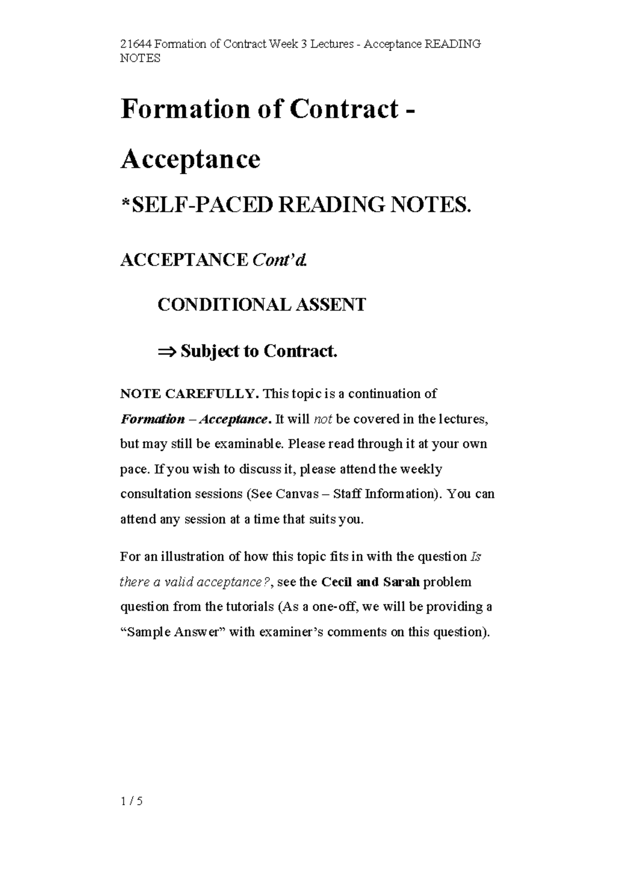 21644 LAW OF Contract Acceptance Cont'd Reading Notes - NOTES Formation ...