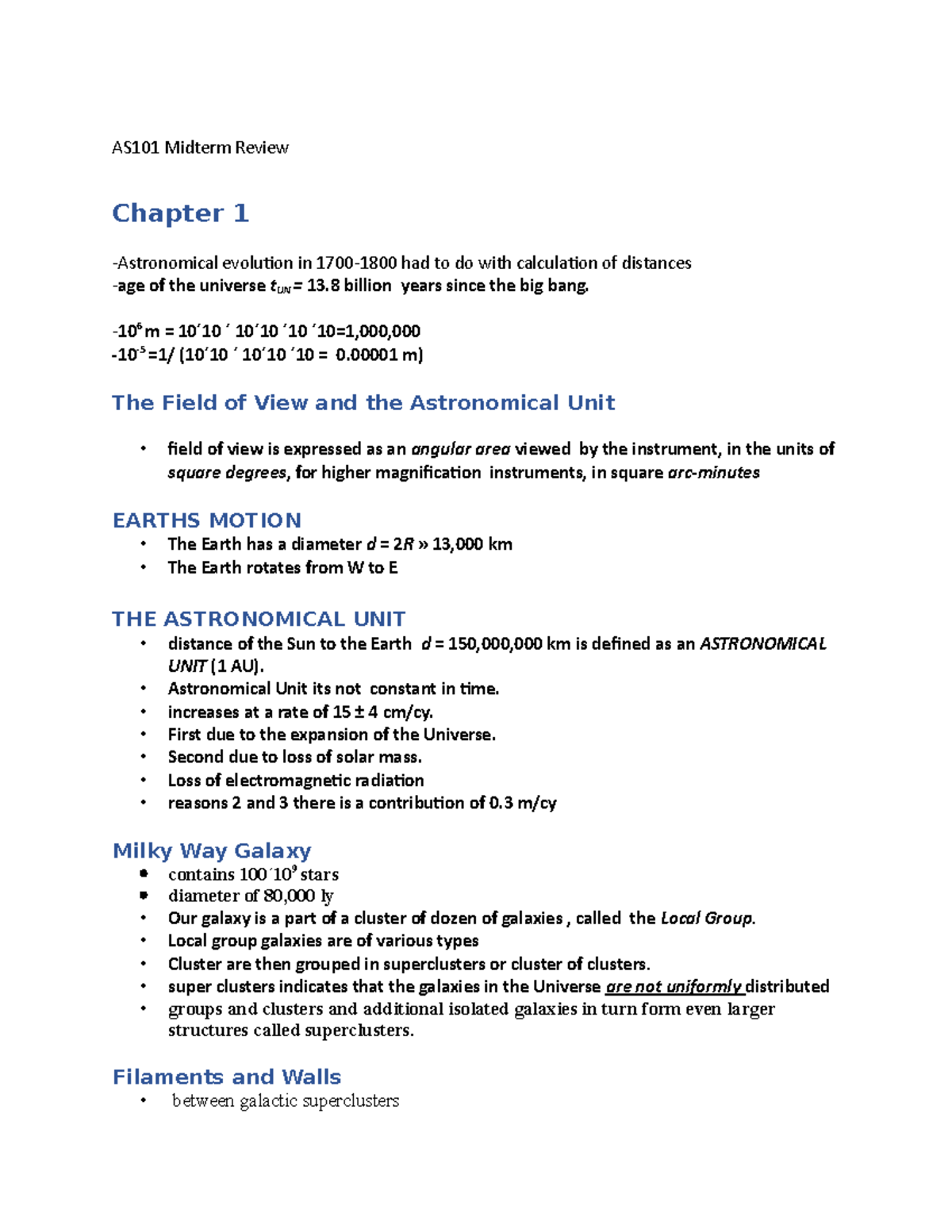 AS101 Midterm - Summary Astronomy I Our Place in the Cosmos - AS101 ...