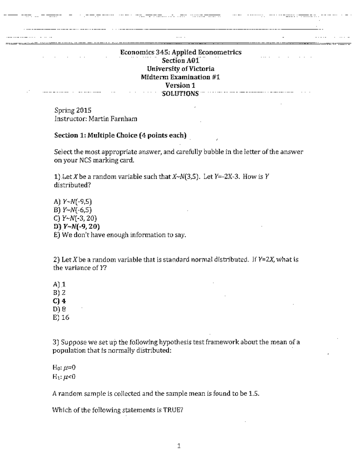 Sample/practice exam 2015, questions and answers - Econ345 - Studocu