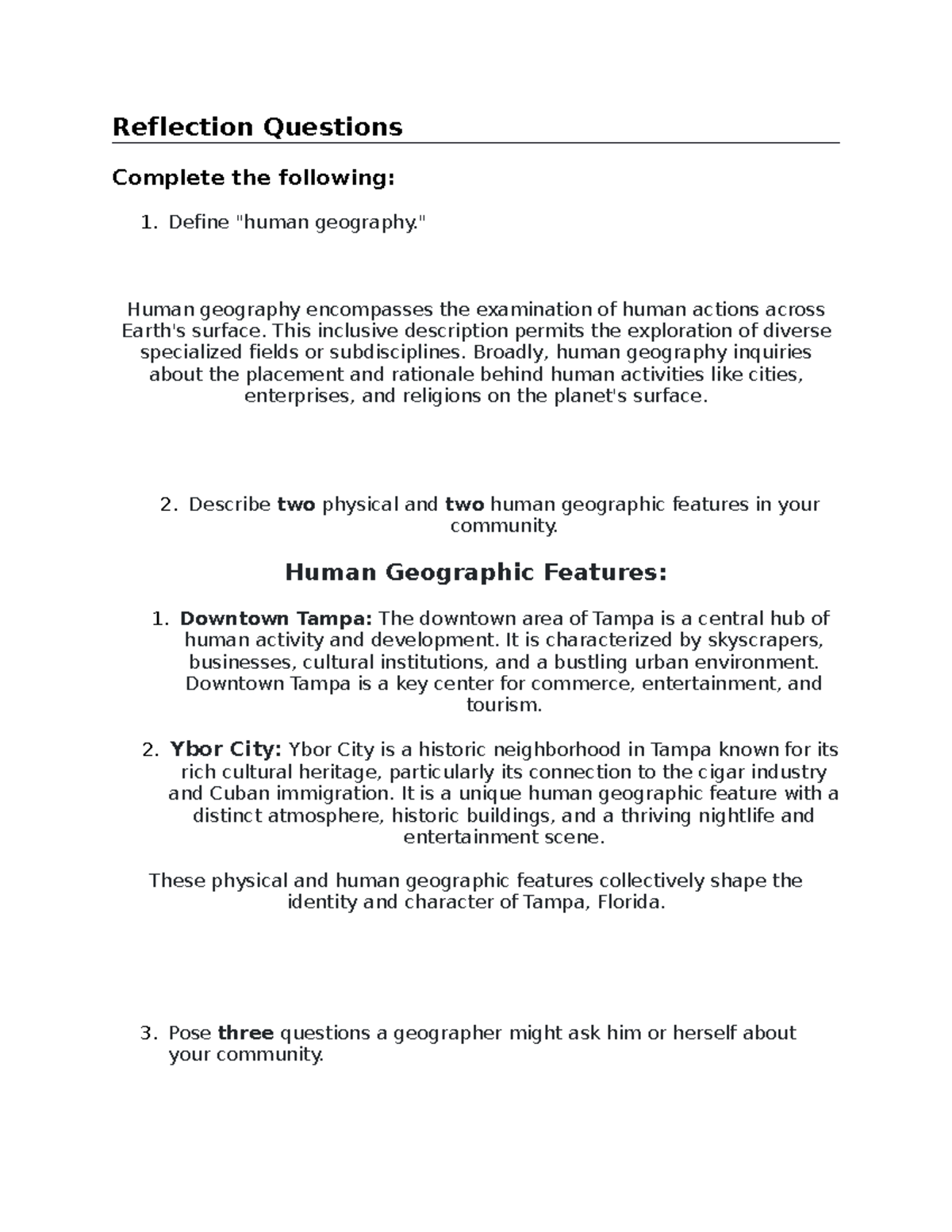 Geography reflectionq - Reflection Questions Complete the following: 1 ...