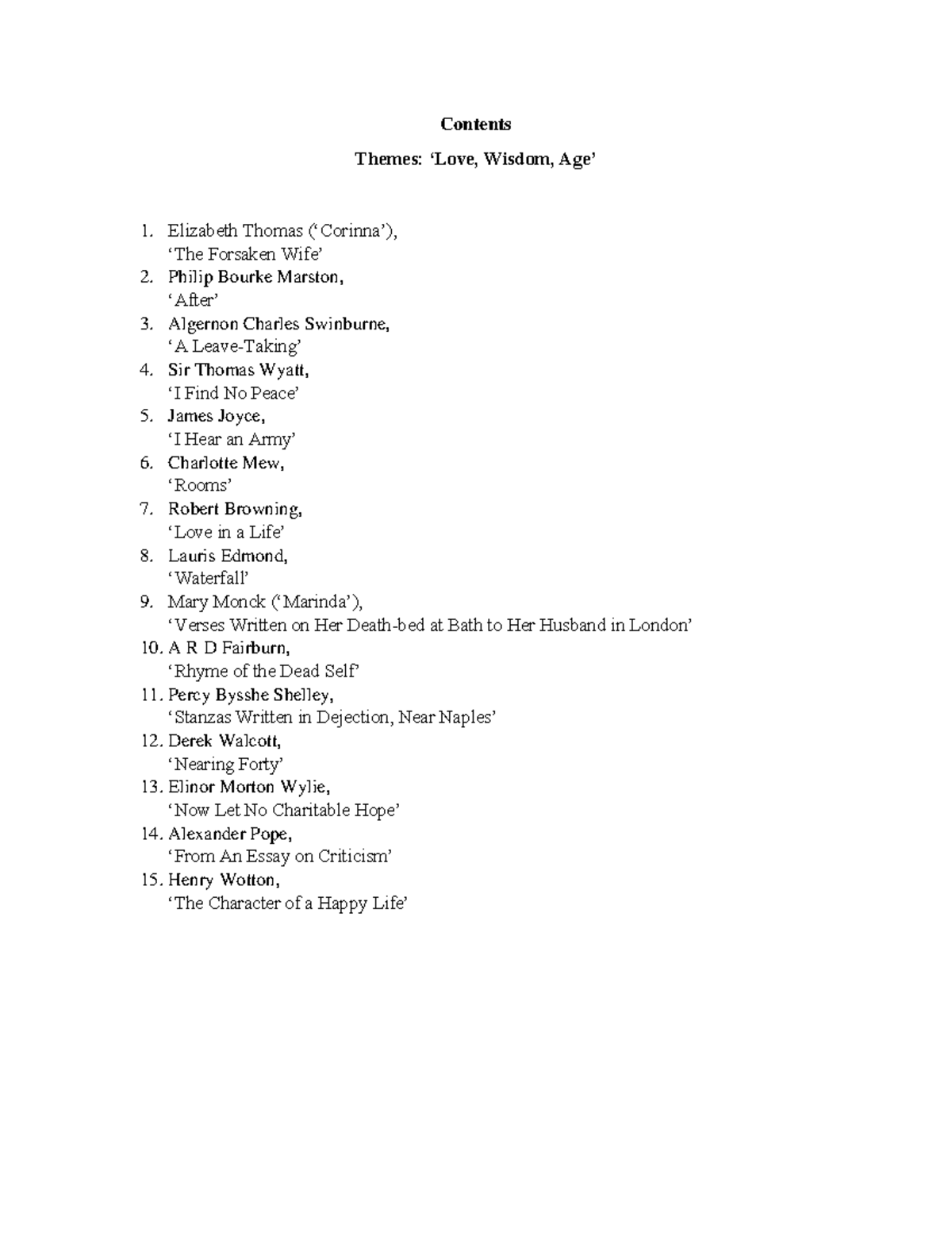 Poetry and Analysis - Contents Themes: ‘Love, Wisdom, Age’ Elizabeth ...