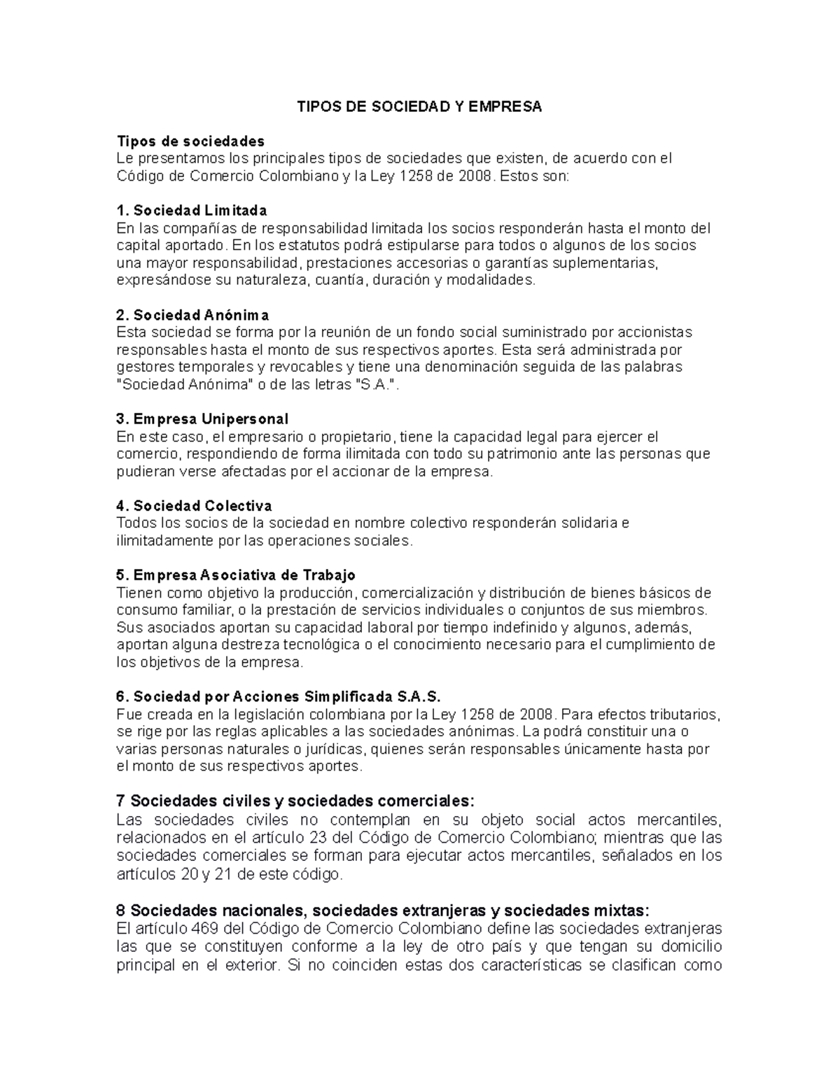 tipo de sociedad y empresa - TIPOS DE SOCIEDAD Y EMPRESA Tipos de sociedades Le presentamos los ...