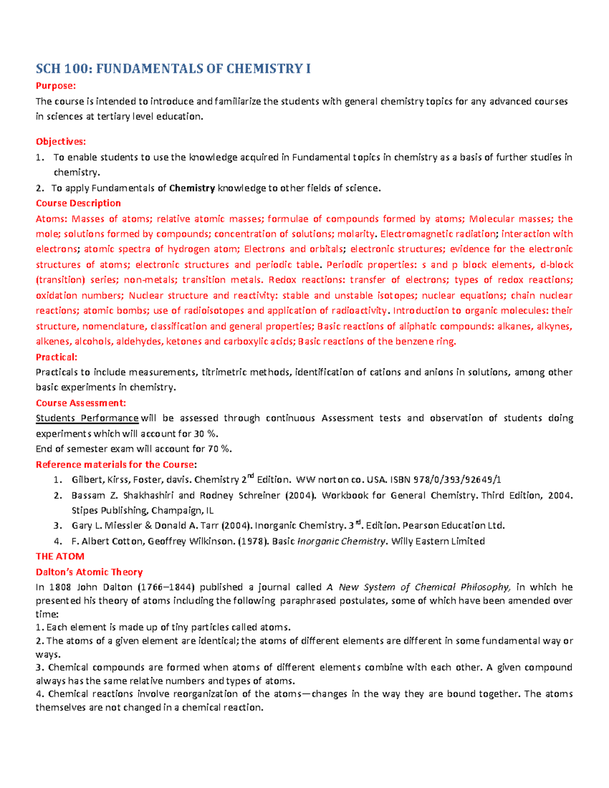 SCH 100 MAIN Notes-1 - SCH 100: FUNDAMENTALS OF CHEMISTRY I Purpose ...
