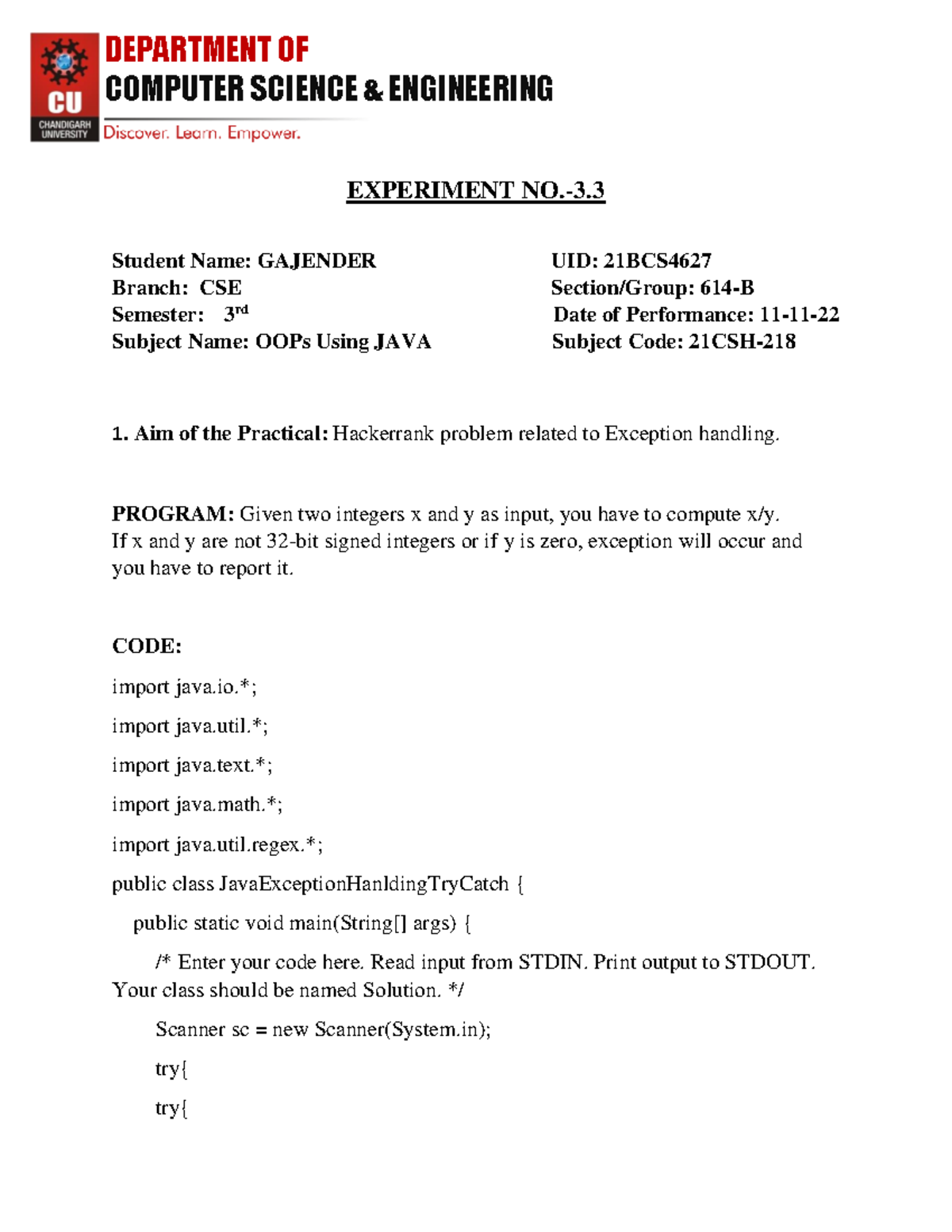 EXP-3 - ......... - DEPARTMENT OF COMPUTER SCIENCE & ENGINEERING EXPERIMENT NO.-3. Student Name ...