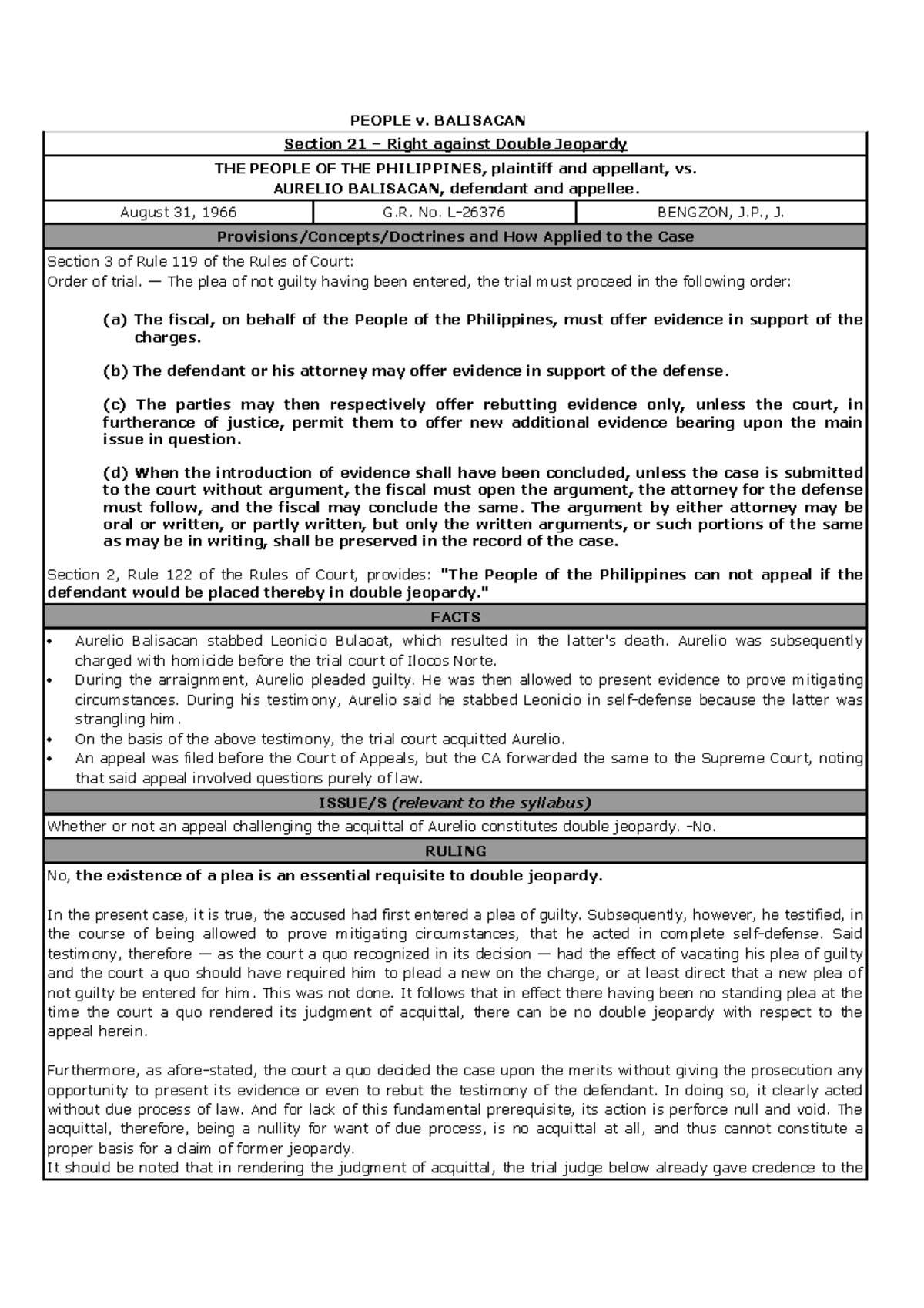 CASE 235 - People vs Balisacan - PEOPLE v. BALISACAN Section 21 – Right ...