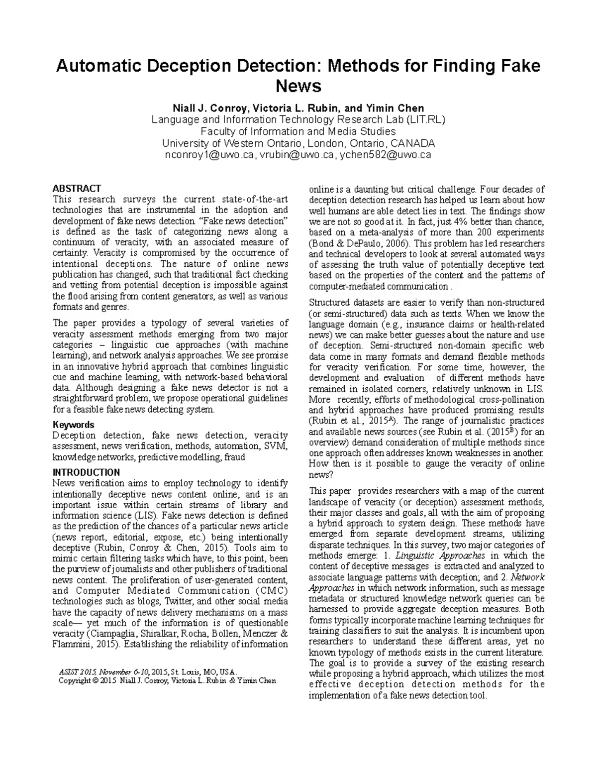 Pra2 - Lecture - Automatic Deception Detection: Methods for Finding Fake News Niall J. Conroy ...