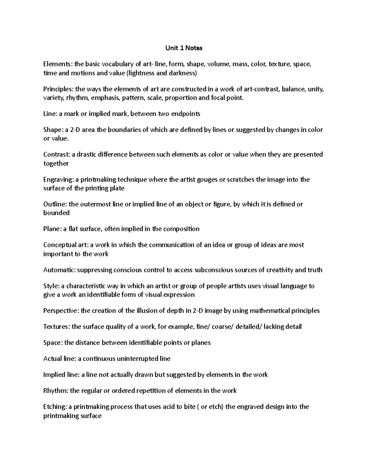 ART 1301 Unit 1 Notes - Unit 1 Notes Elements: the basic vocabulary of ...