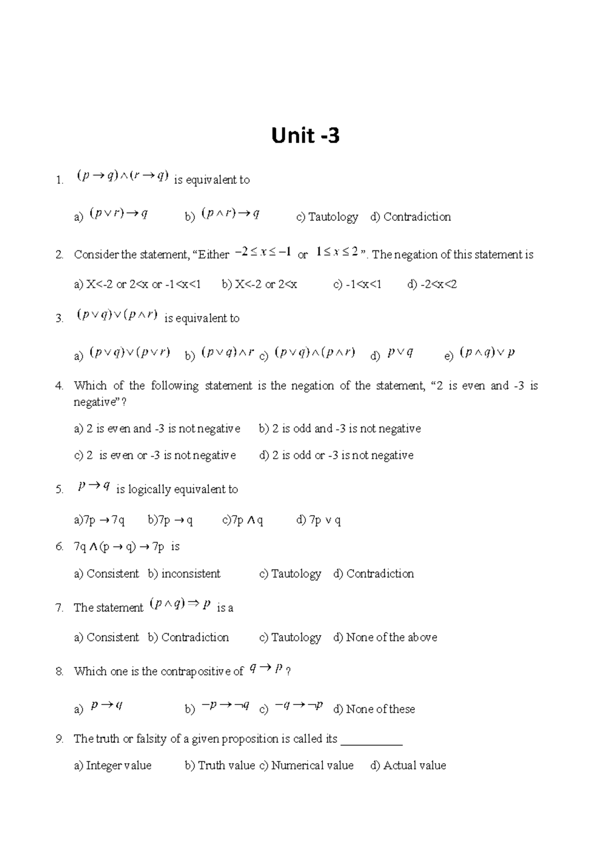 Unit 3 DM.docx - Google Docs - Unit - 1. is equivalent to a) b) c ... Unit 3 DM.docx - Google Docs - Unit - 1. is equivalent to a) b) c ...