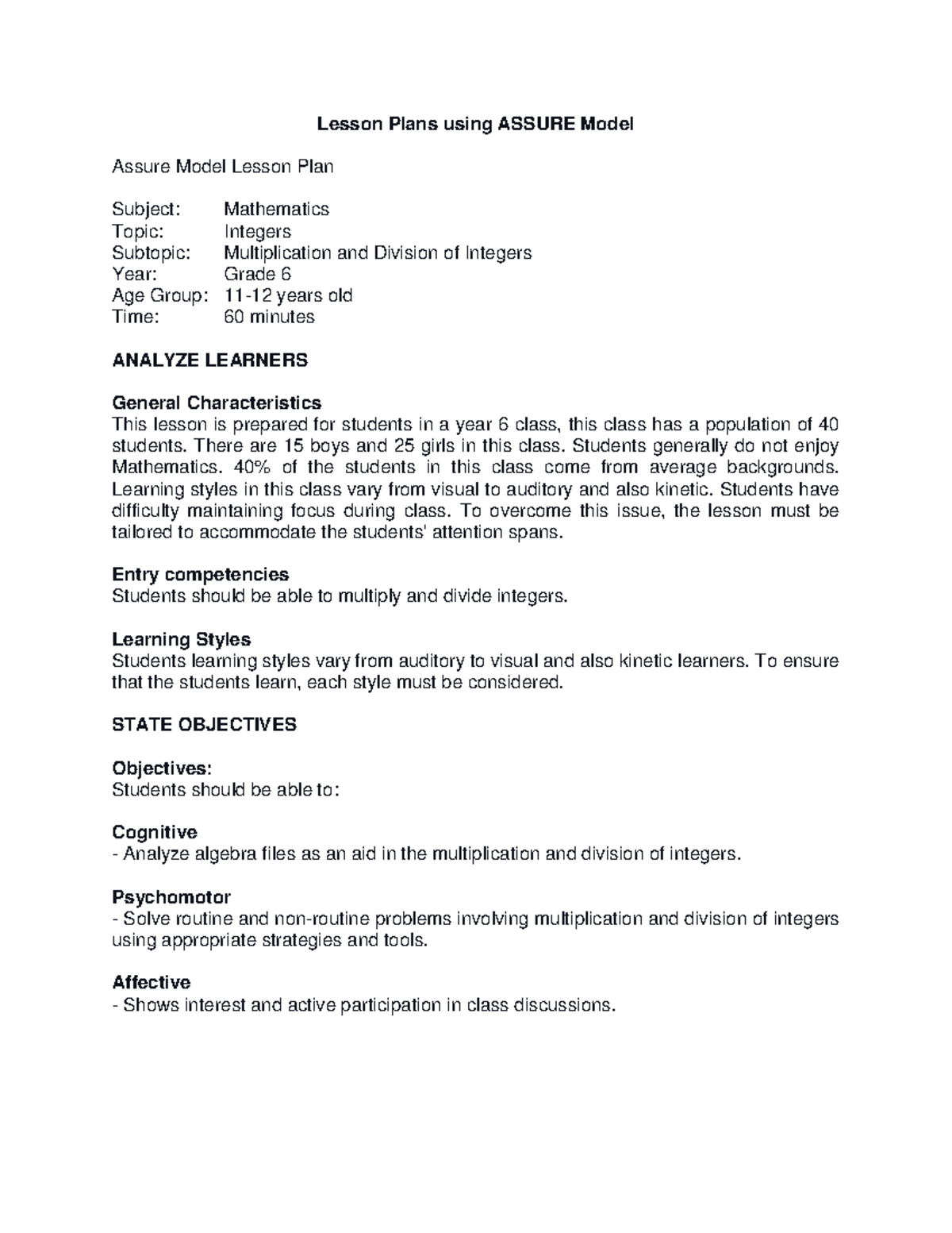 Lesson Plans using Assure Model 1 - Lesson Plans using ASSURE Model ...