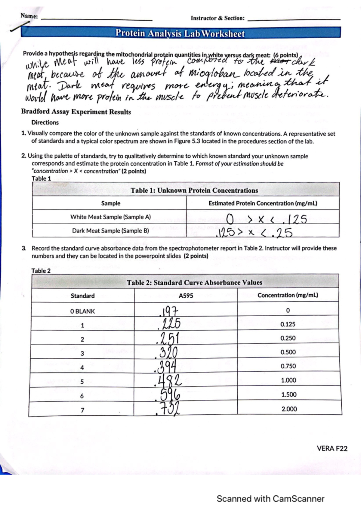 protein analysis worksheet - Name: Instructor Section: Protein Analysis ...